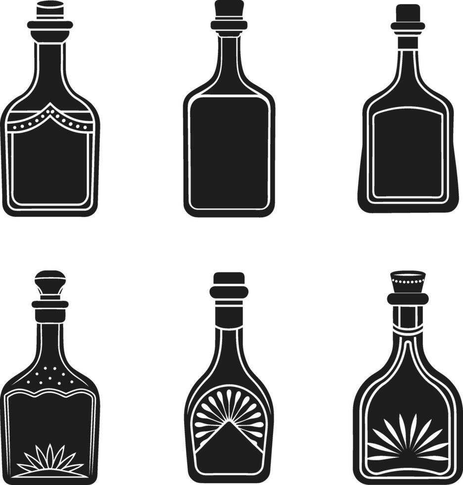 Tequila Bottle Silhouette Set - Black Icons of Liquor Bottles 60117395 Vector Art at Vecteezy