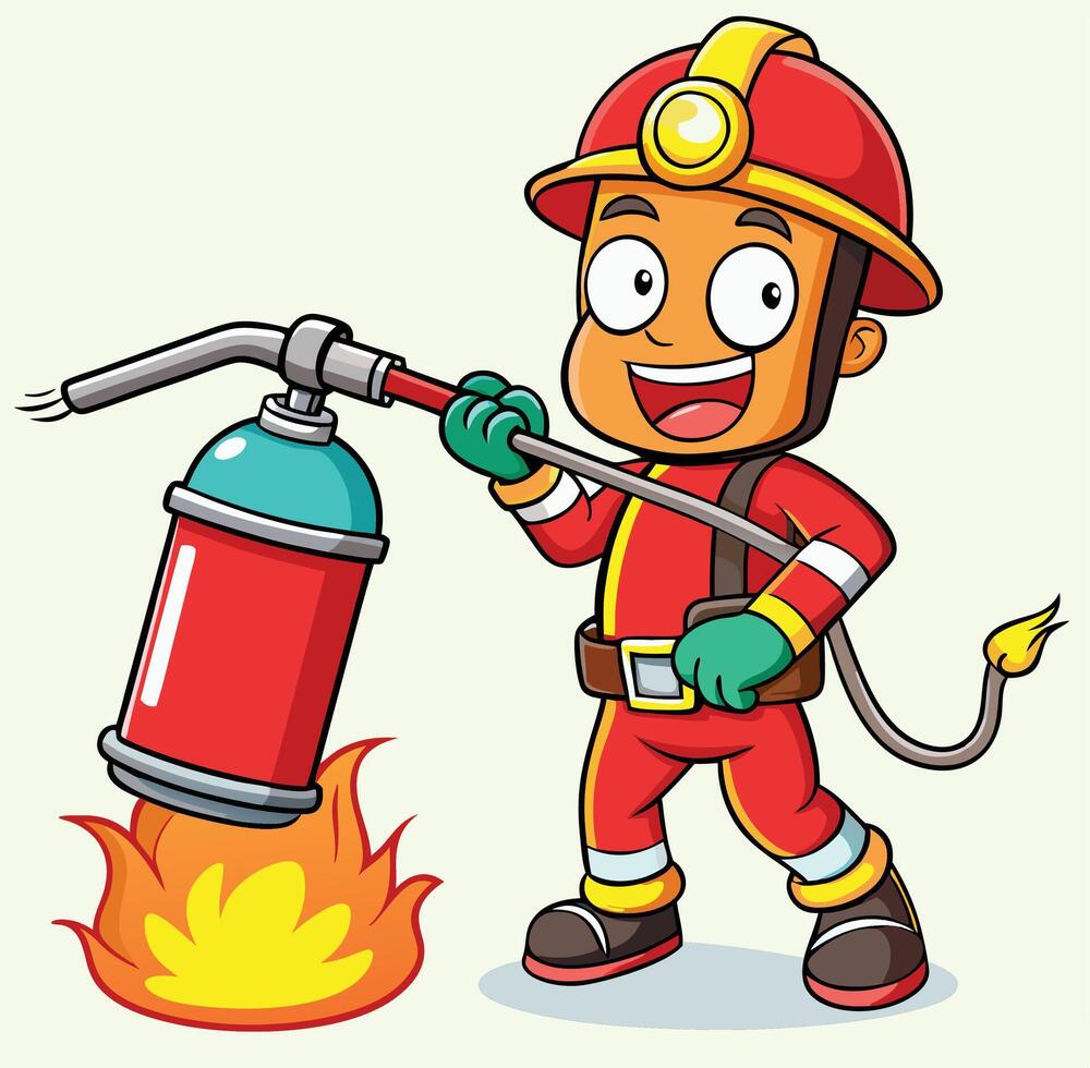 Cartoon Firefighter Extinguishing Fire With Extinguisher Professional ...