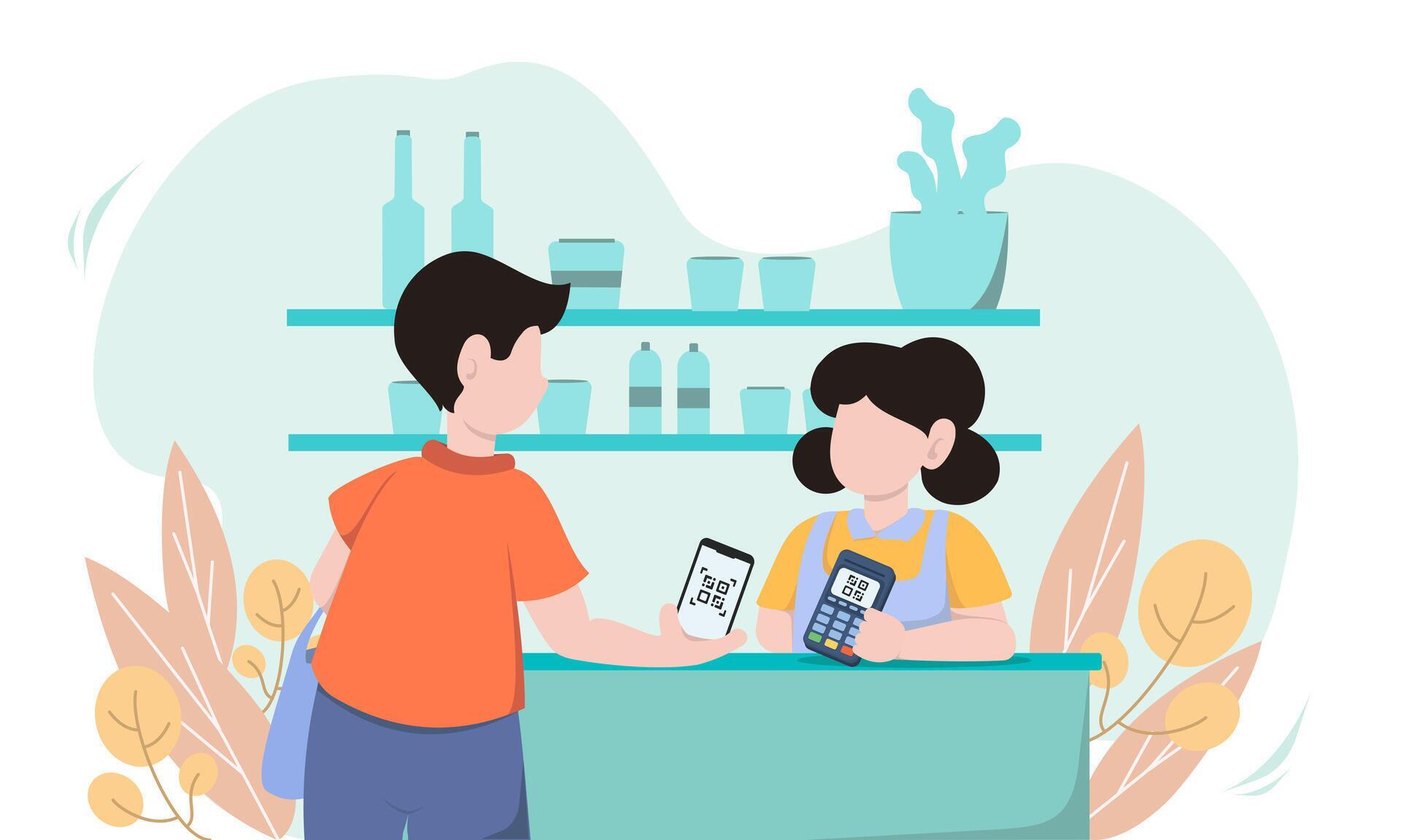 Customer use mobile cashless payment system or scan qr code. Characters using digital banking ...