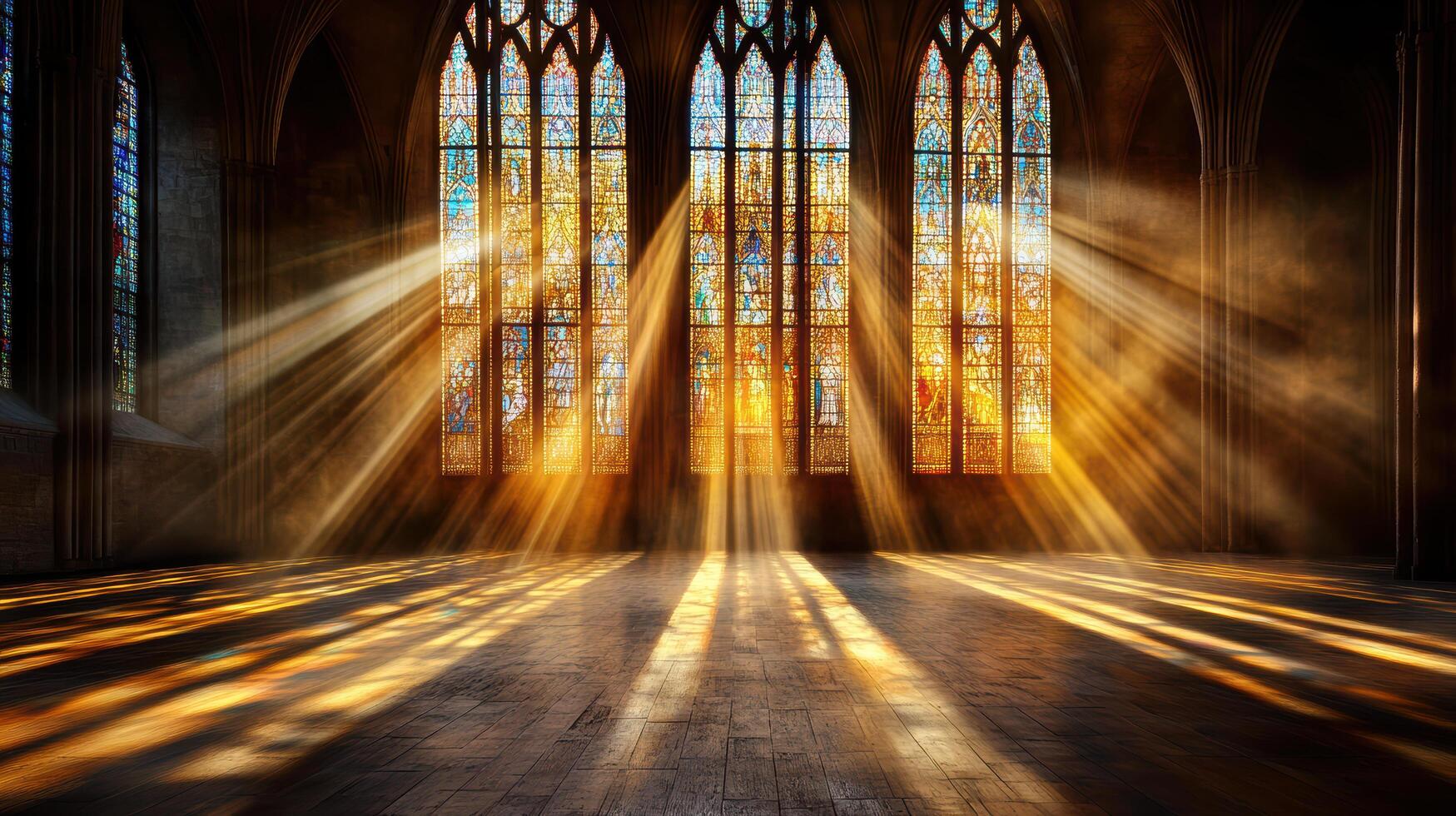 beautiful scene of sunlight streaming through stained glass windows, creating warm atmosphere ...