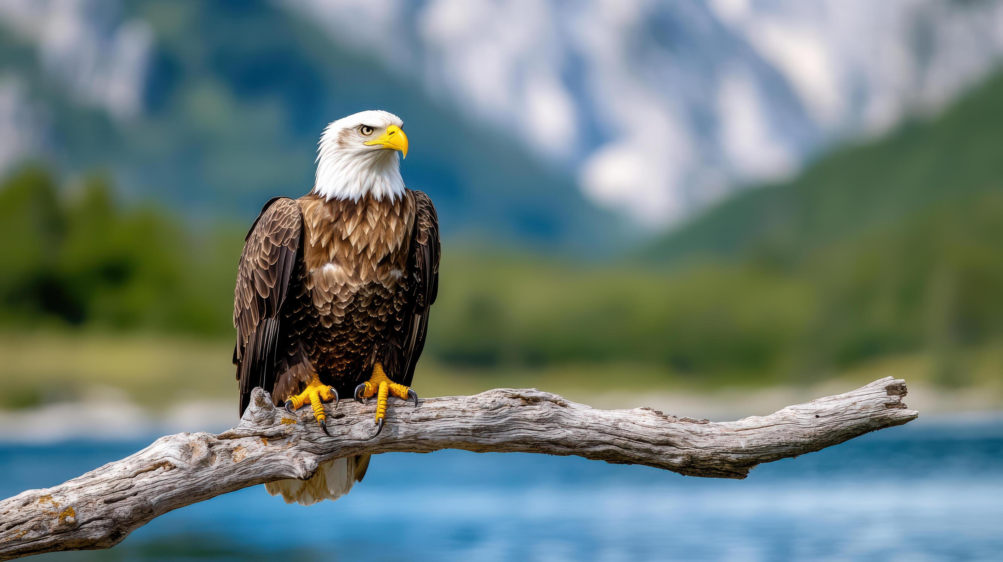 A bald eagle sitting on a branch near a lake 60173071 Stock Photo at Vecteezy