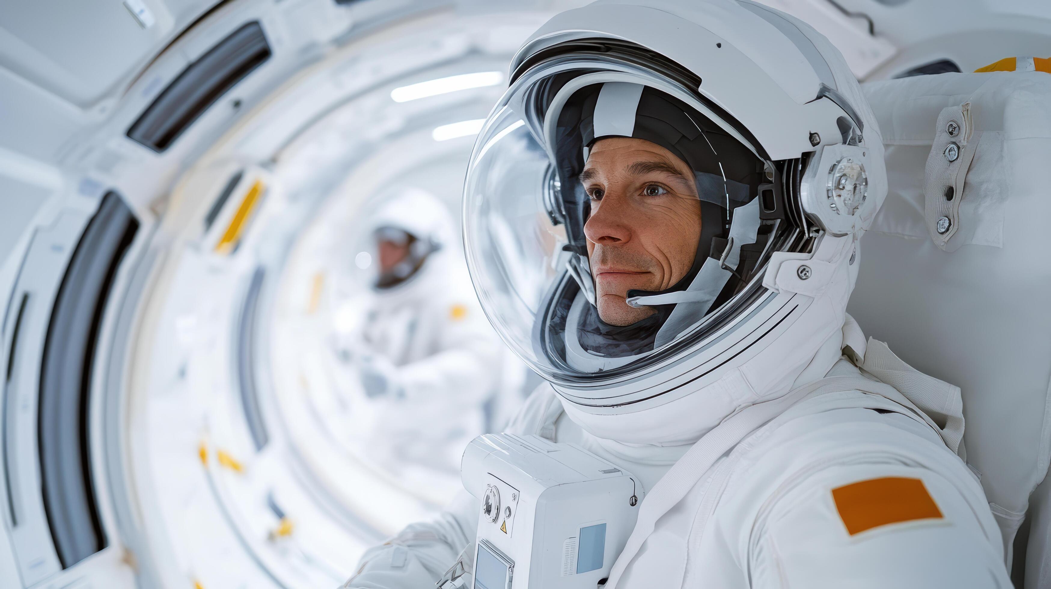 Astronaut in space simulation lab, focused and ready for testing ...