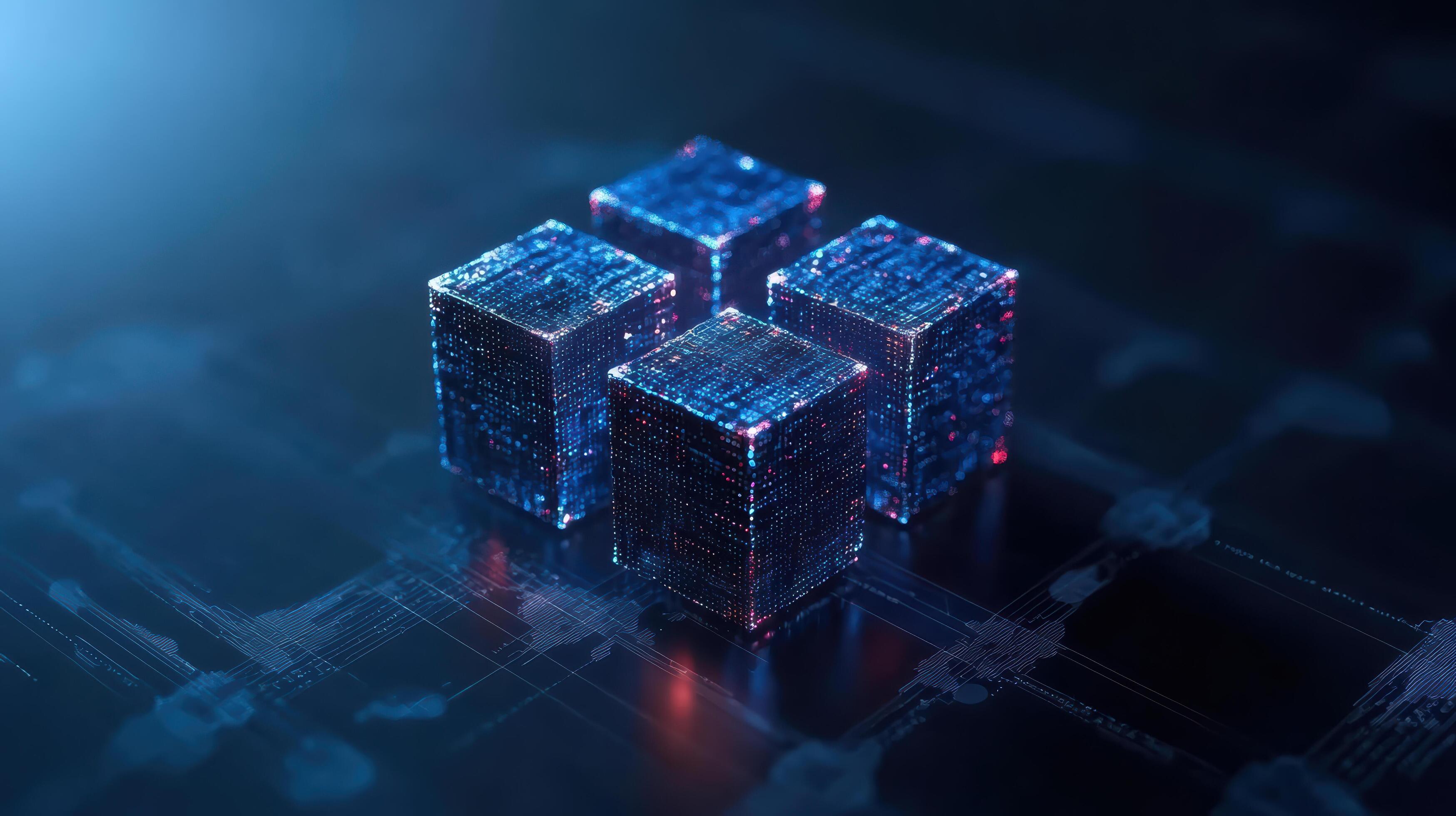 Digital cubes represent data processing and technology innovation, showcasing futuristic design ...