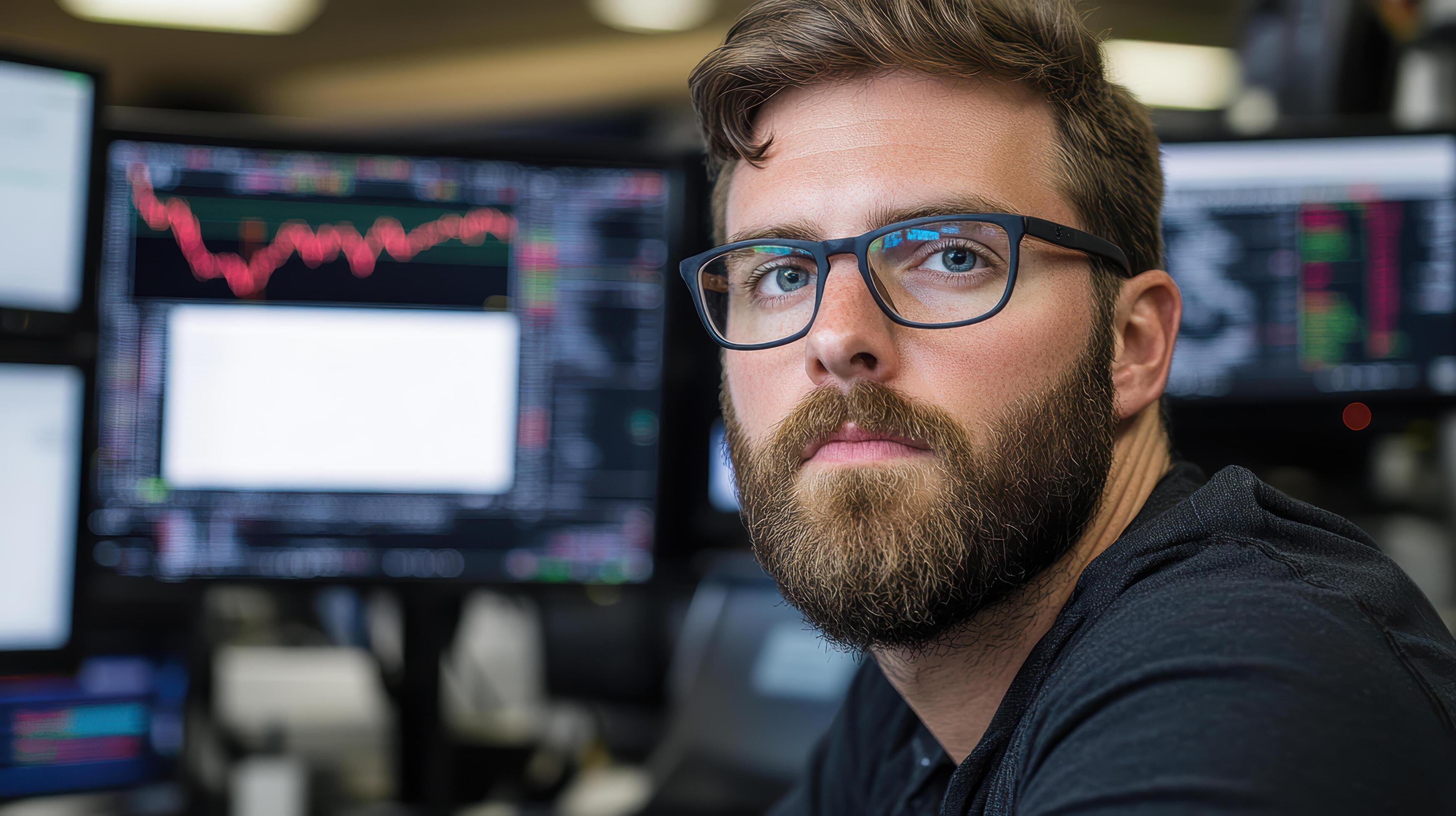 Focused trader working late at night, surrounded by multiple screens displaying market data ...