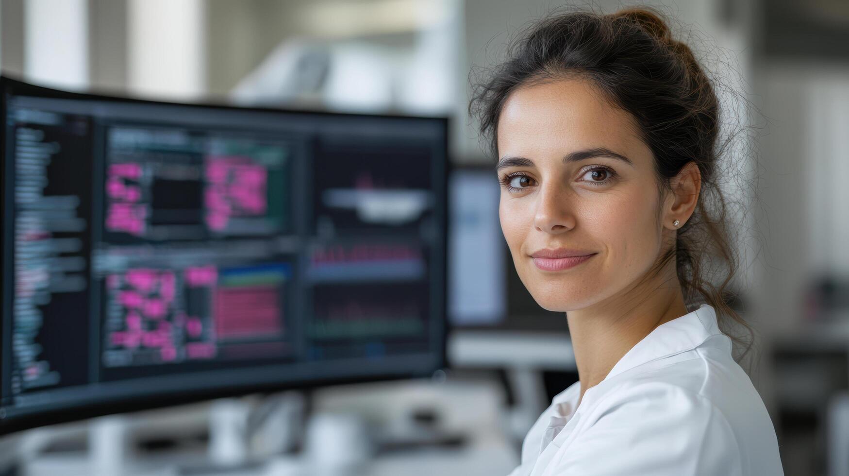 female researcher programming bioinformatics software, focused and ...