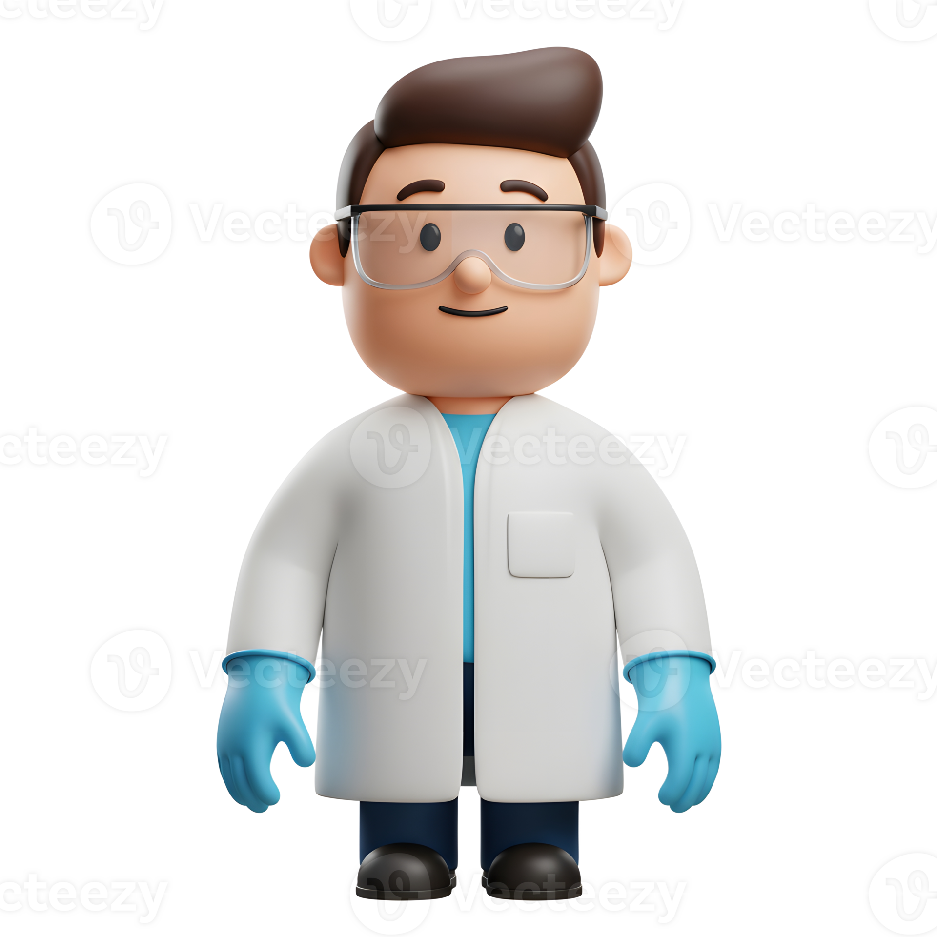 A cheerful cartoon scientist, wearing a lab coat, goggles, and gloves, smiles warmly. A friendly ...