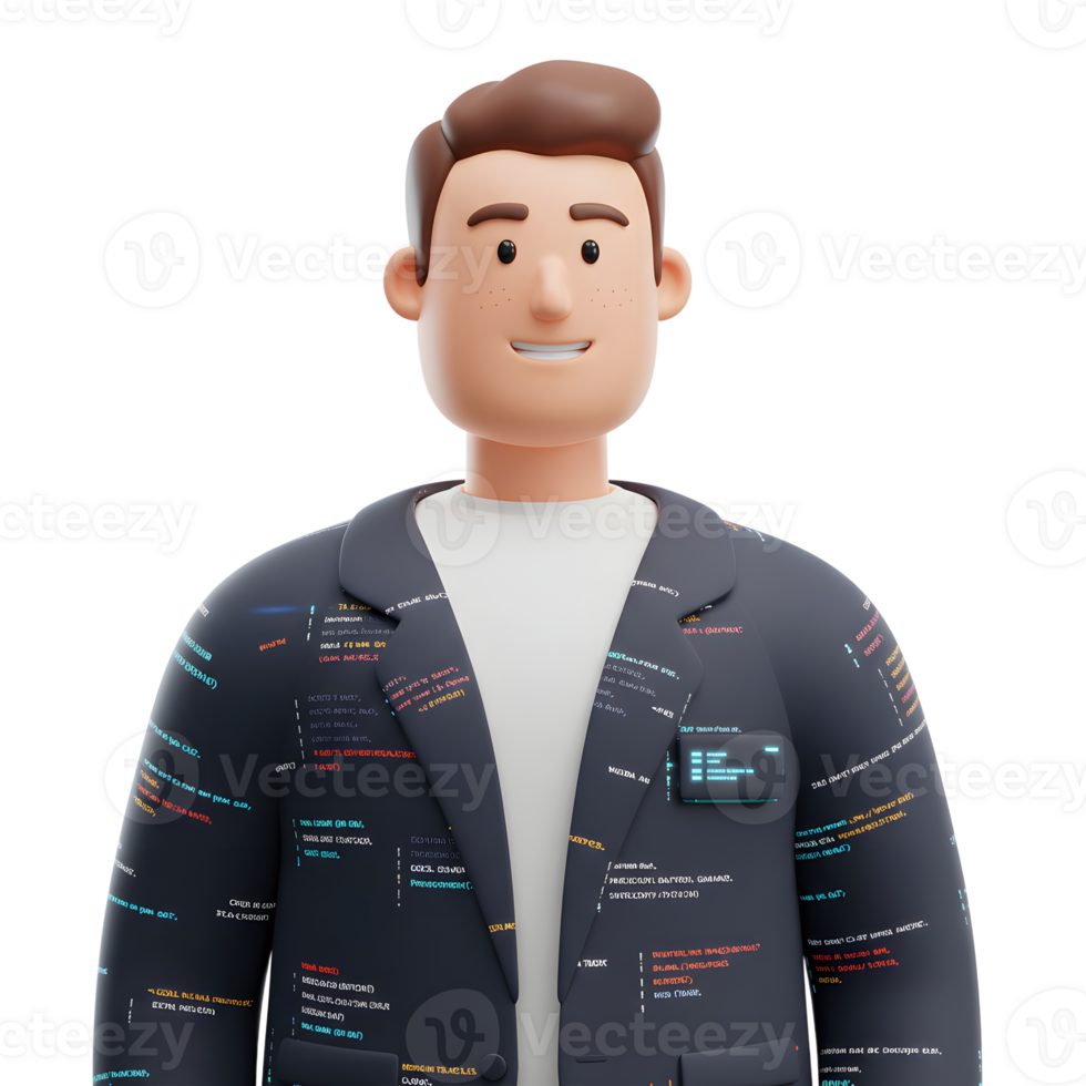 A cheerful 3D cartoon programmer smiles warmly. His dark jacket is playfully covered in colorful ...