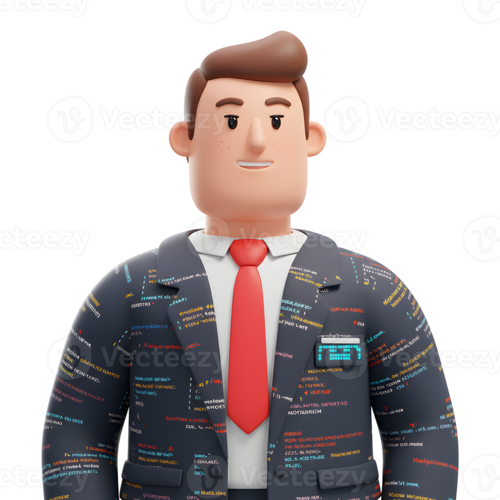 A cheerful 3D cartoon programmer smiles warmly, his suit intricately covered in colorful code ...