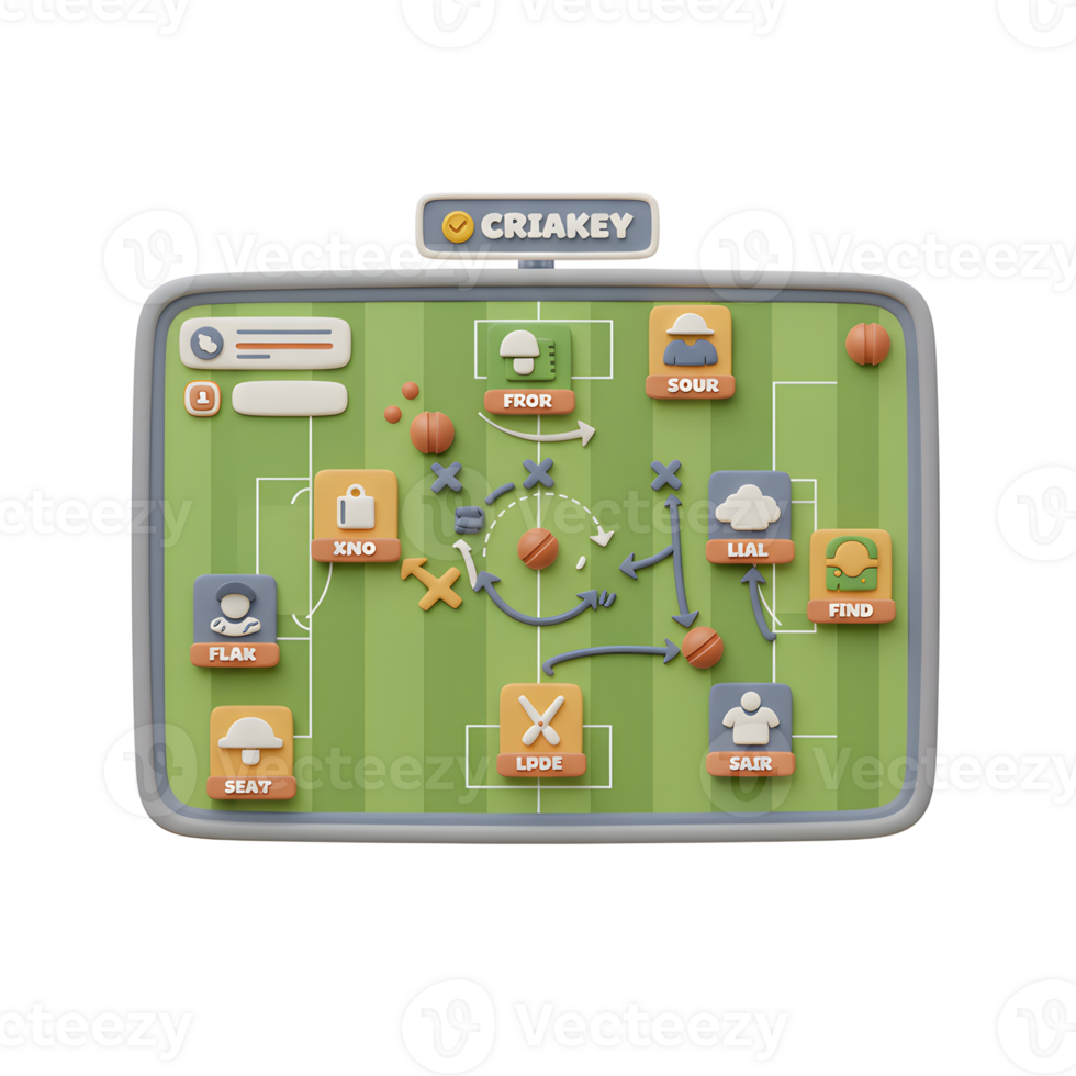 A vibrant 3D rendering of a football game plan. Icons and arrows illustrate player positions and ...