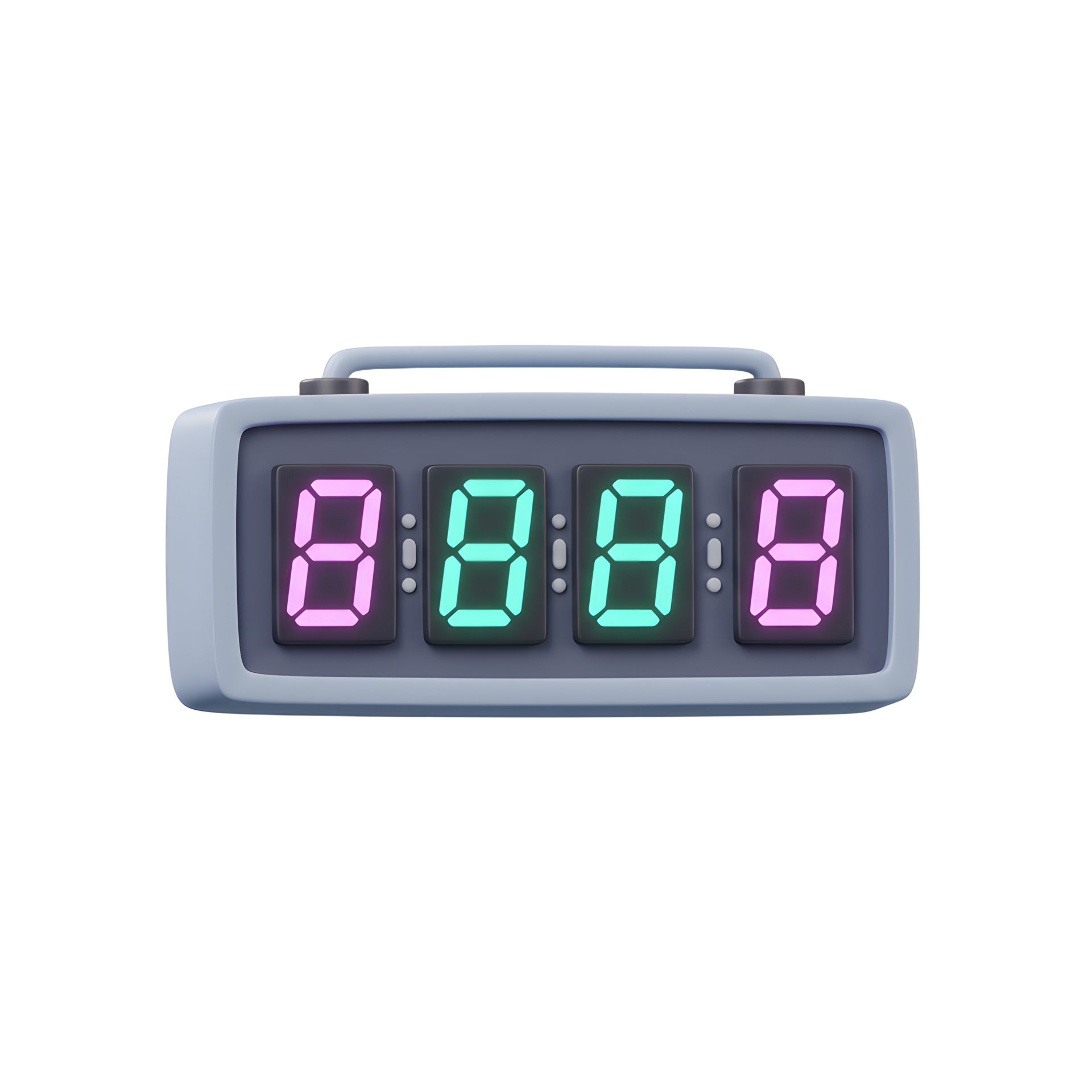 A charming retro digital clock displays 8888 in glowing neon pink and teal. Its soft grey casing ...
