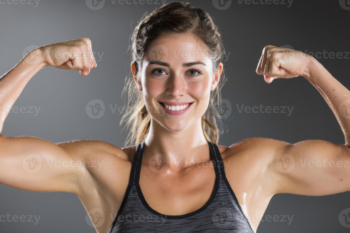 Strong female bodybuilder flexing biceps after workout 60181242 Stock ...