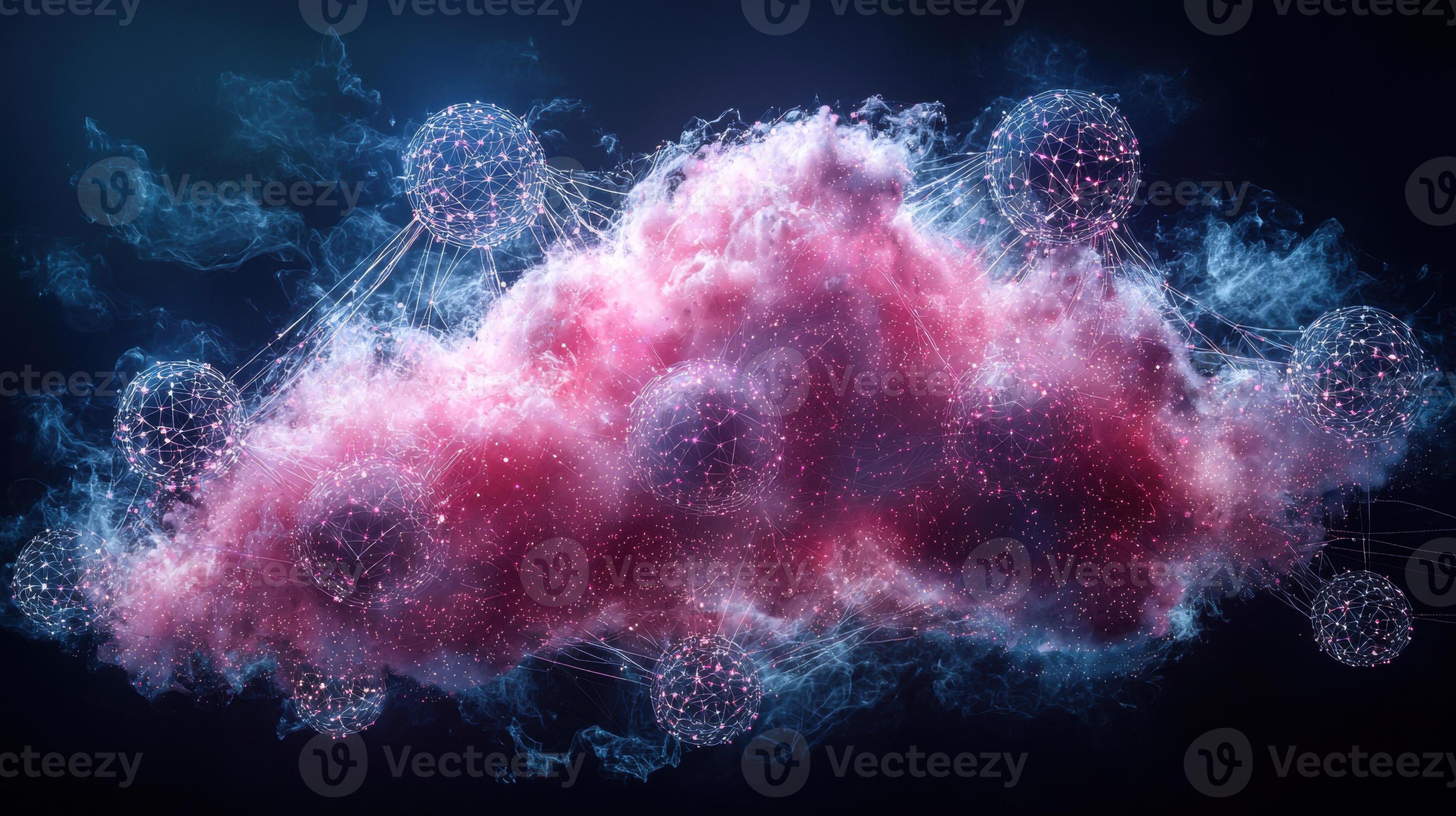 vibrant cloud filled with interconnected nodes and glowing particles represents concept of ...
