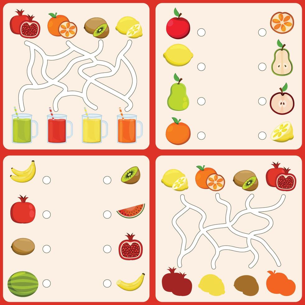 conjunto de educativo, entretenido para niños postales con Fruta laberintos y otro lógico tareas ...