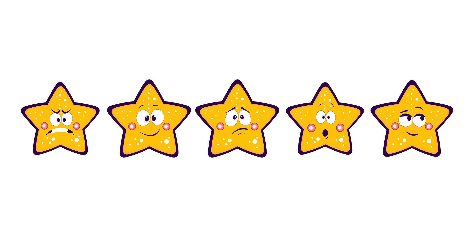 Set of cartoon yellow stars with different facial expressions including angry, happy, sad ...