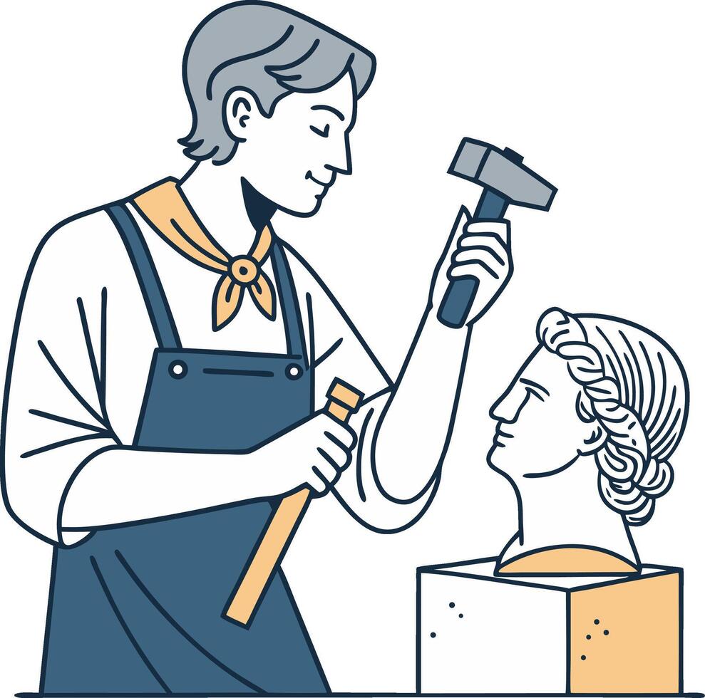 Sculptor Carving Classical Statue with Hammer and Chisel in Creative ...