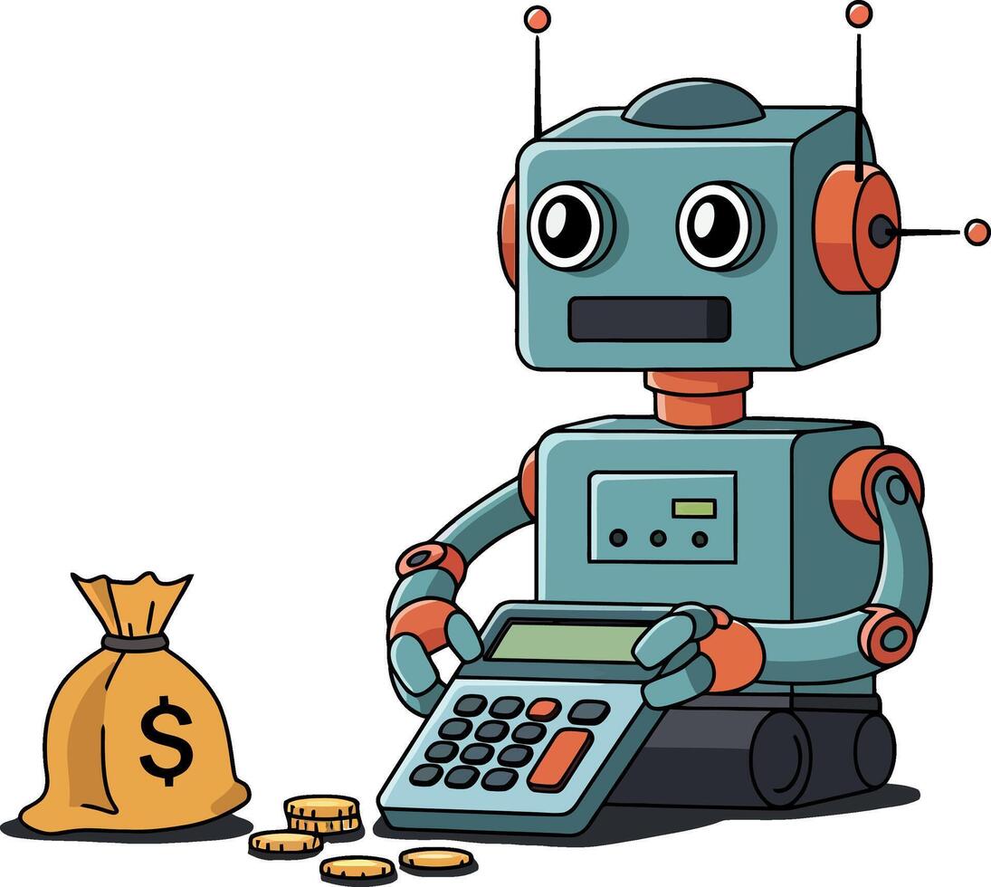 Robot counting coins with calculator beside a money bag in flat art ...