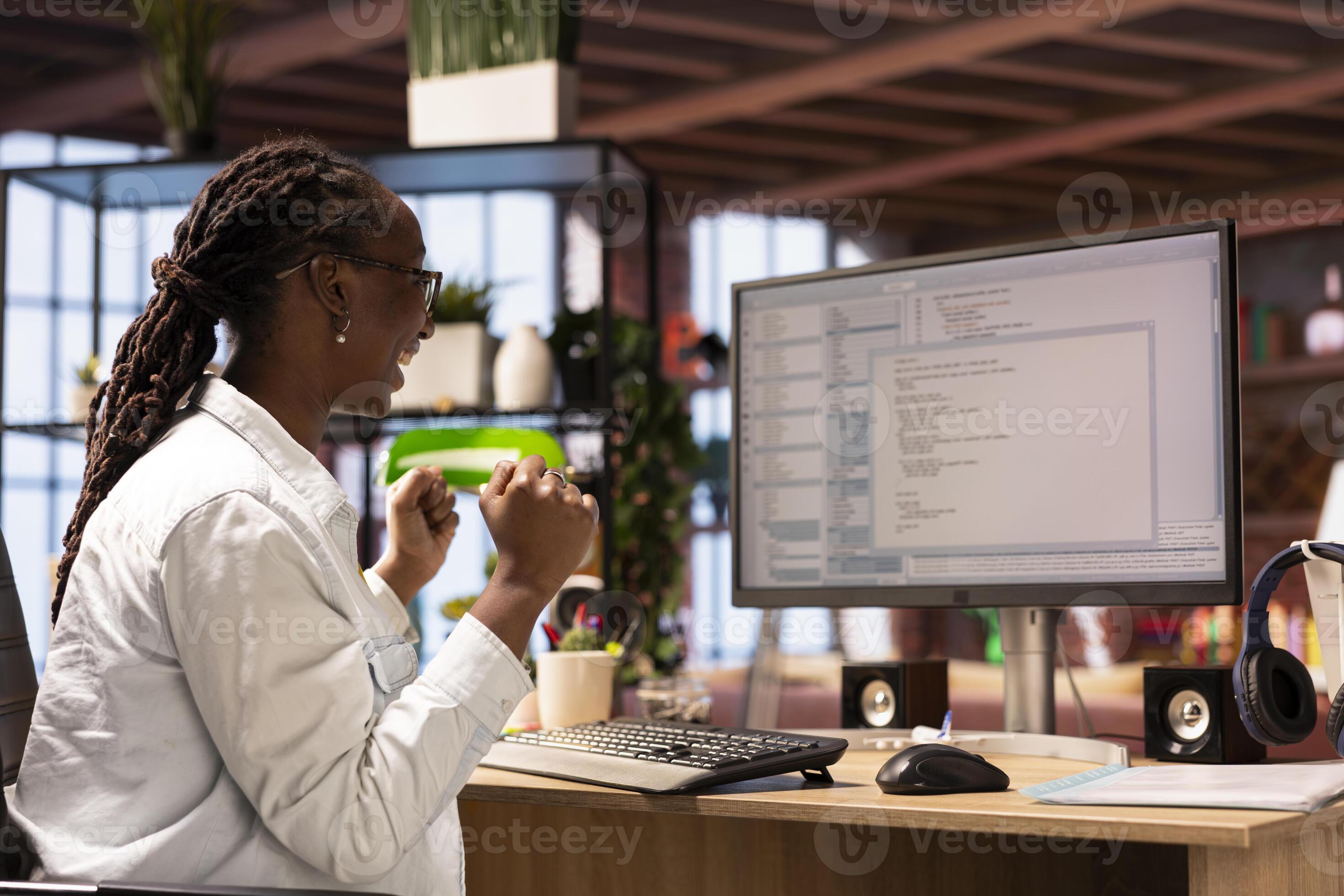 Happy Programmer In Home Office Celebrating After Successfully