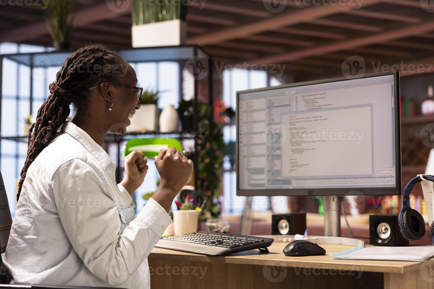 Happy Programmer In Home Office Celebrating After Successfully Executing Programming Code
