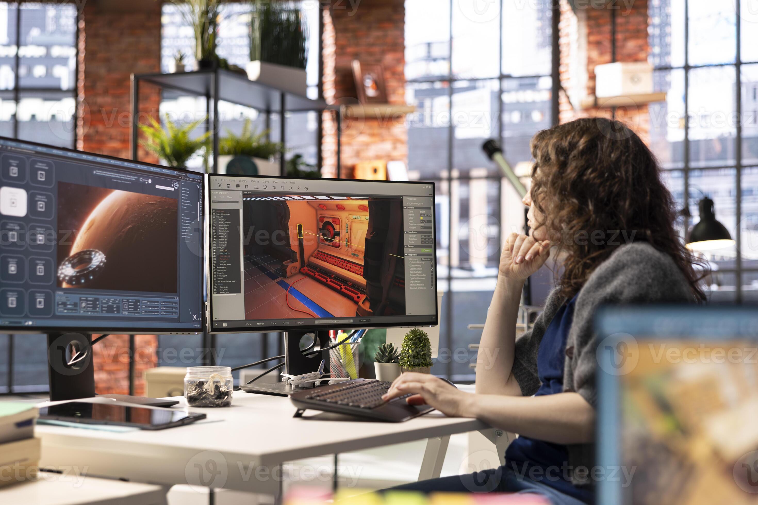 Woman works with app to develop a futuristic spaceship station. Neural ...