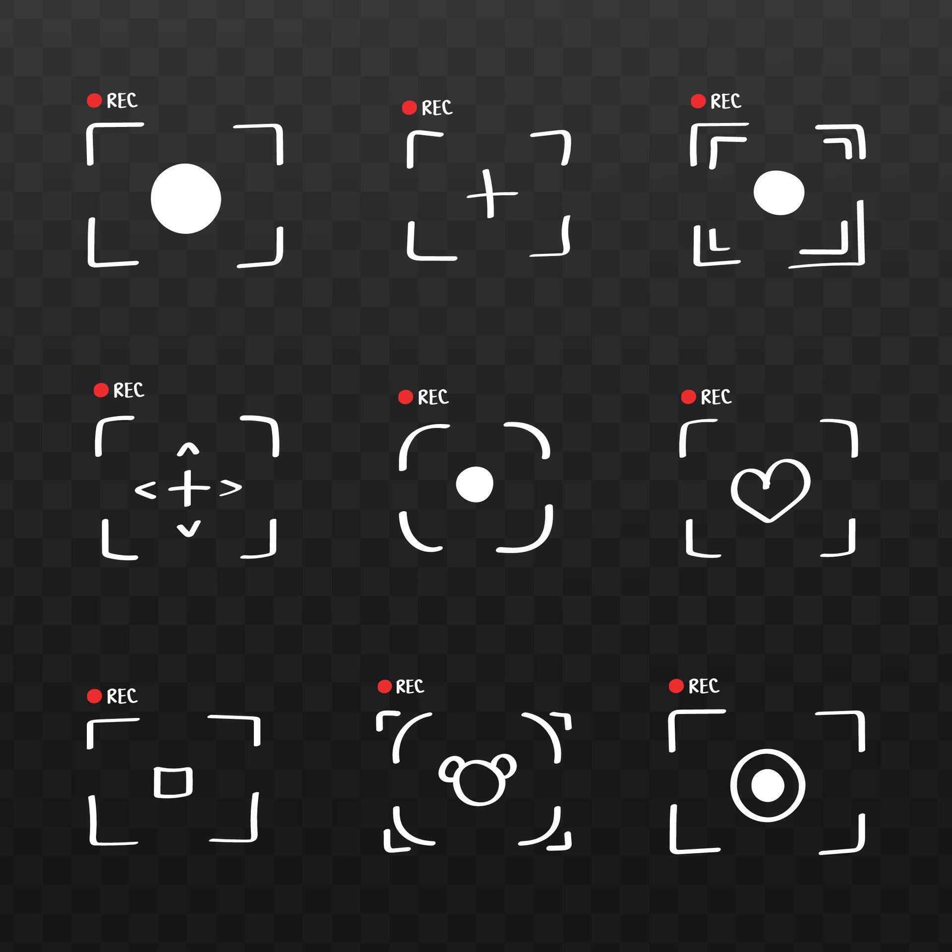 Camera viewfinder UI icons set with hand drawn doodle style recording symbols. UI display ...
