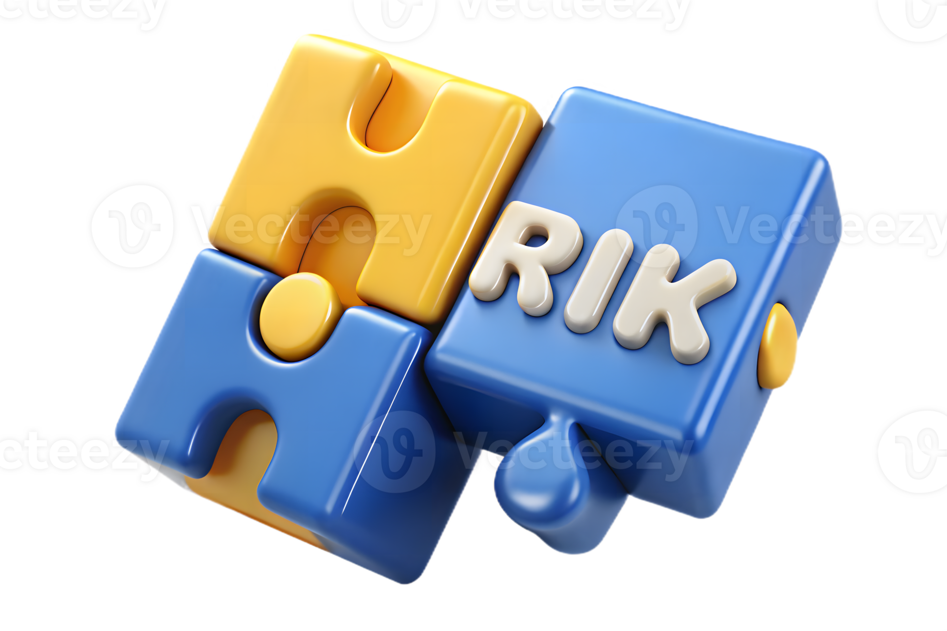 3D Interlocking Puzzle Pieces in Blue and Yellow with the Word RIK, on Transparent Background ...