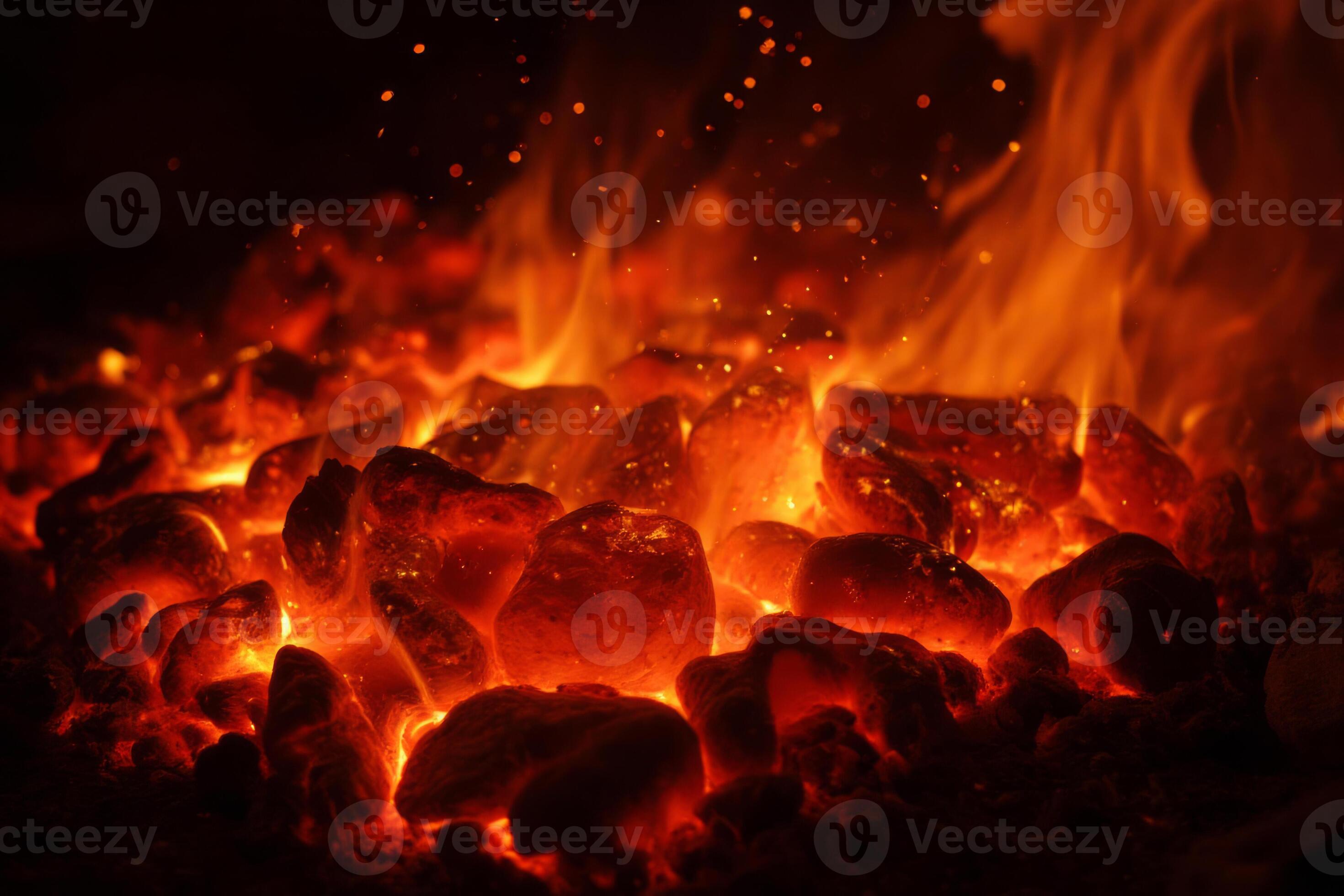 Burning coal with flames and sparks, hot temperature, dark background, close-up shot, high ...