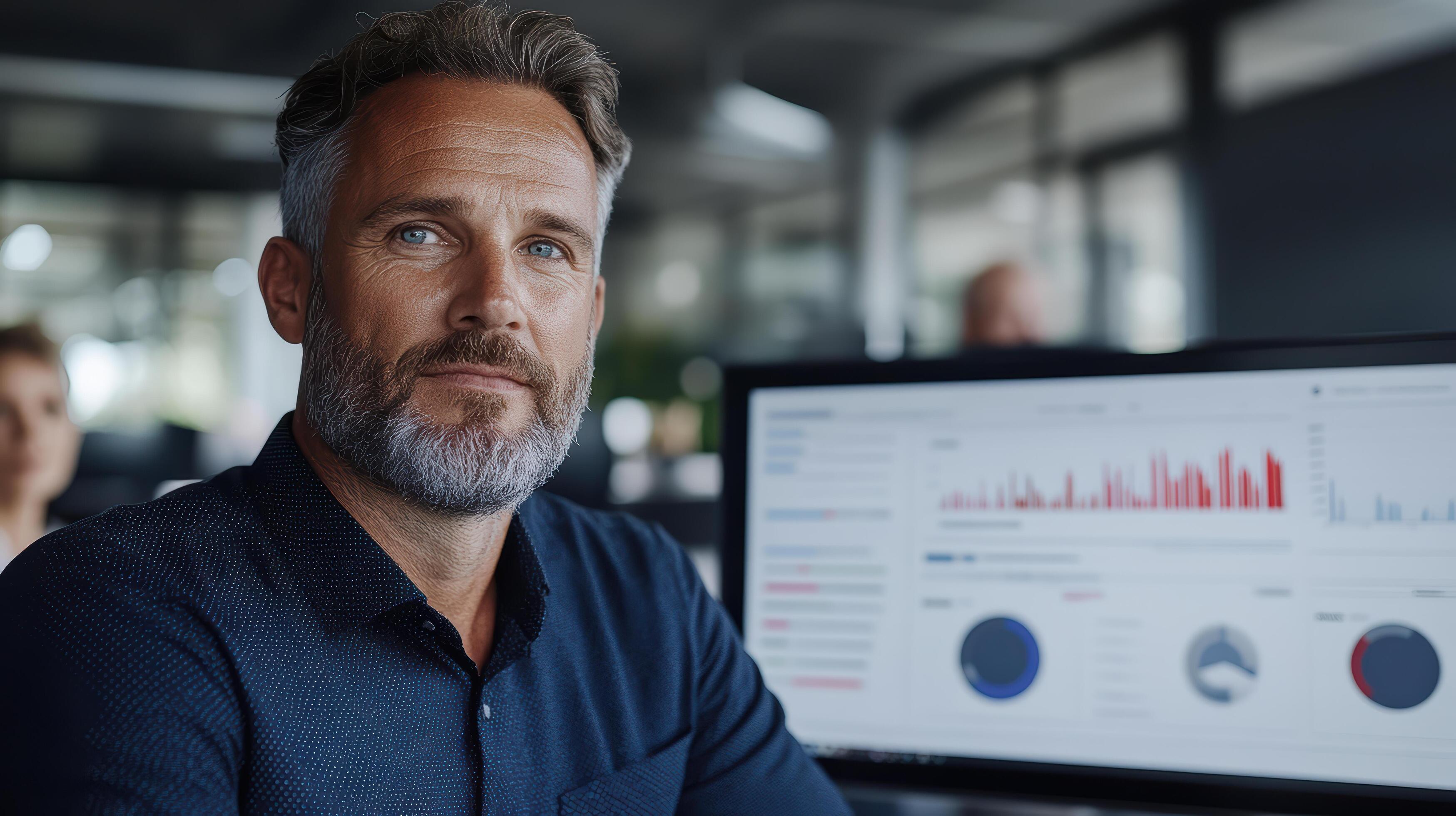 Professional Man With Beard In Office Analyzing Data On Computer