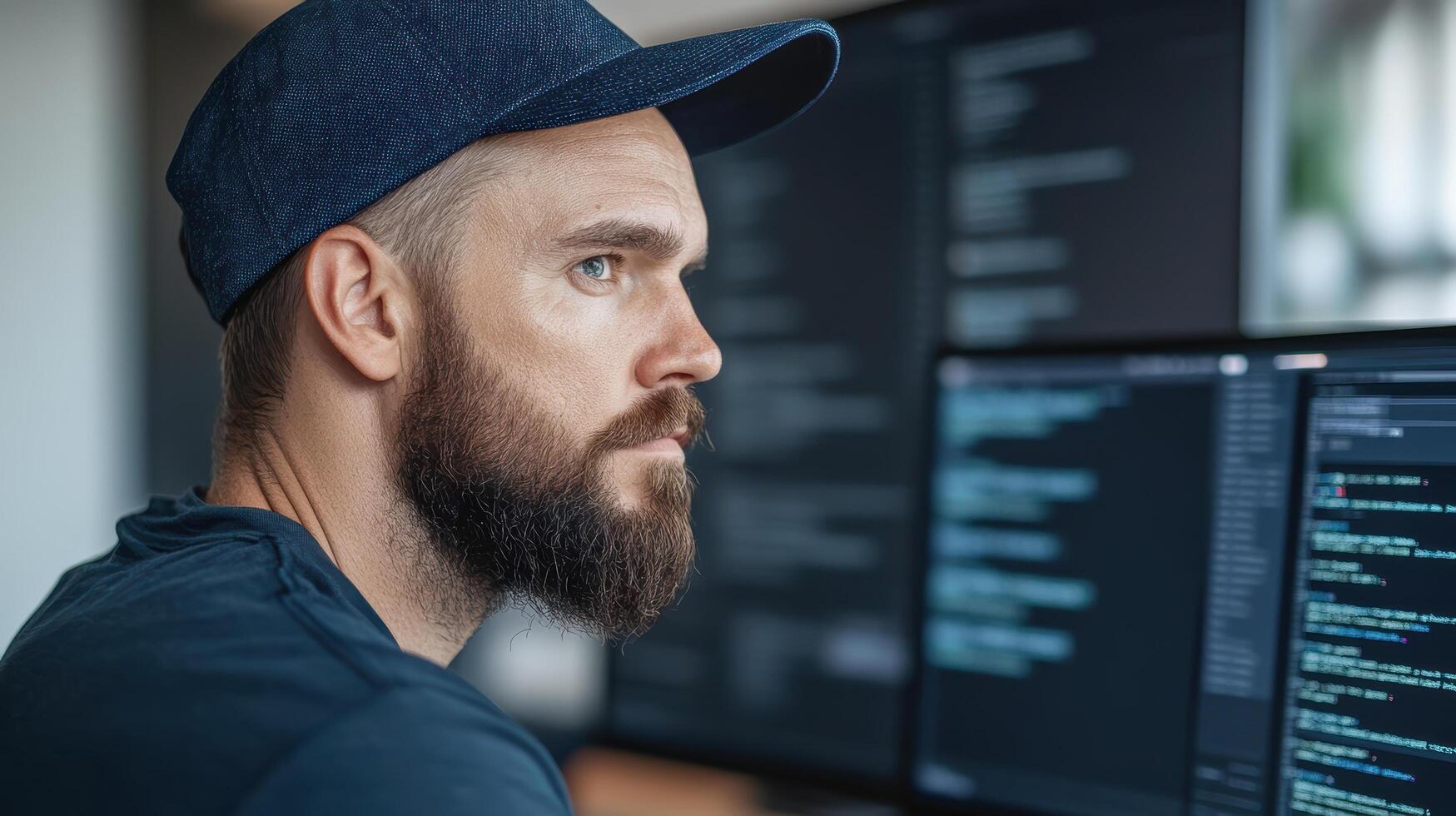 Focused programmer working on multiple screens, showcasing coding and technology skills 60293881 ...