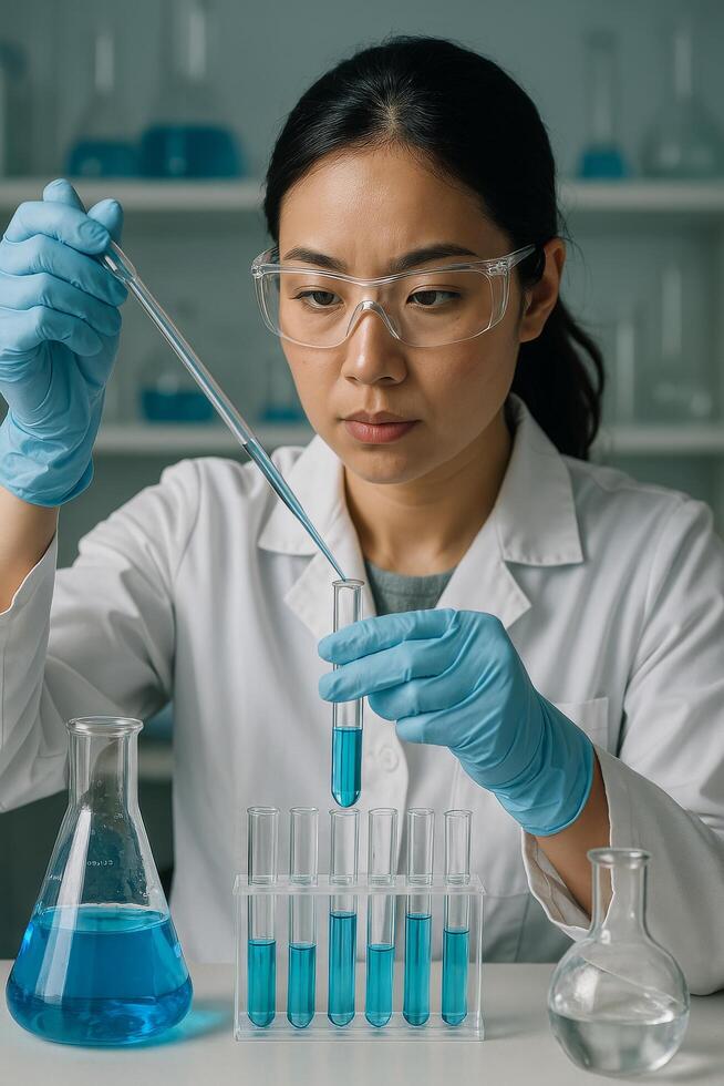 Scientist Conducting Experiments With Blue Liquids in Laboratory Setting 60296340 Stock Photo at ...