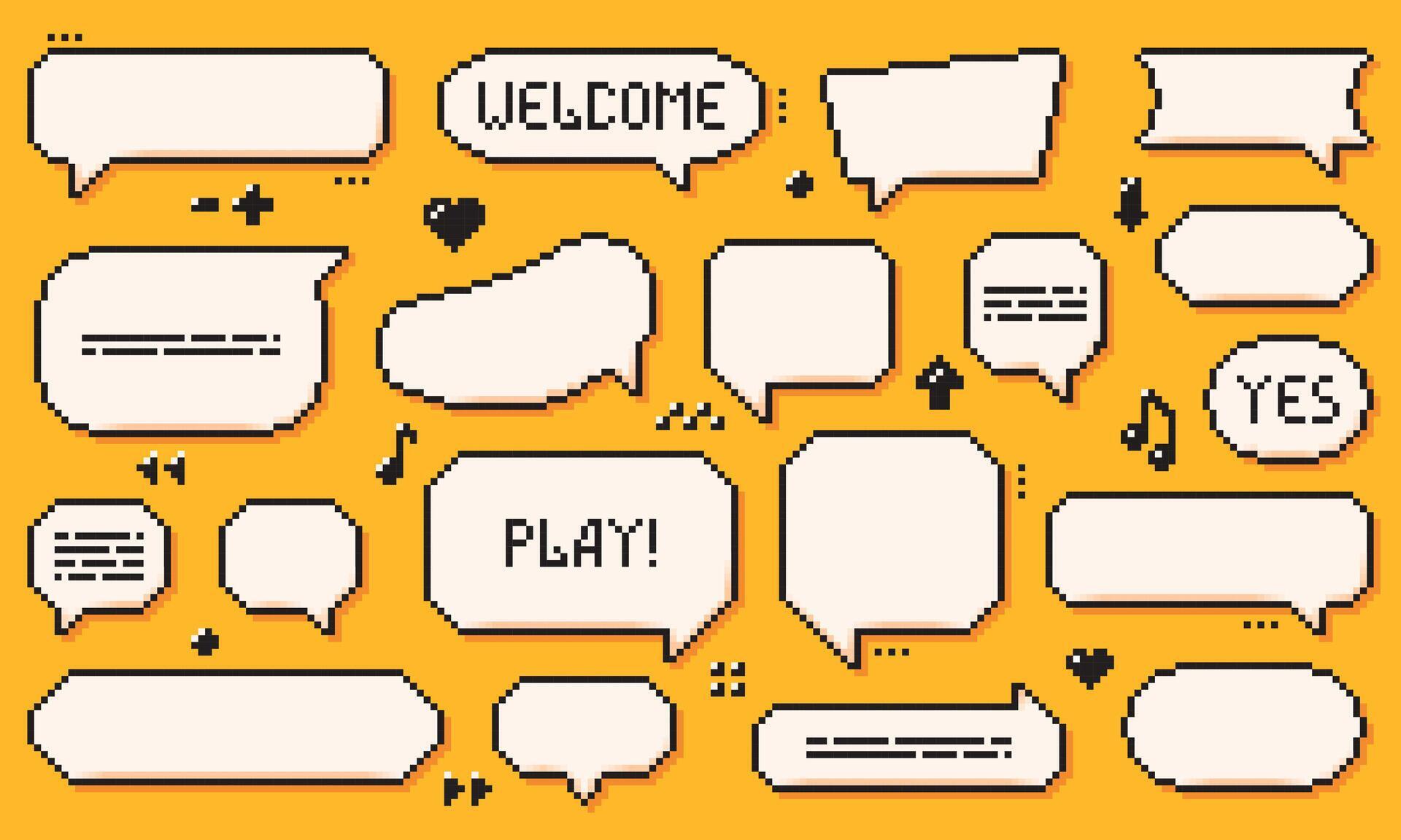 Pixel dialogue boxes. Speech bubbles drawn in 8 bit Y2k style with some tiny dark elements ...