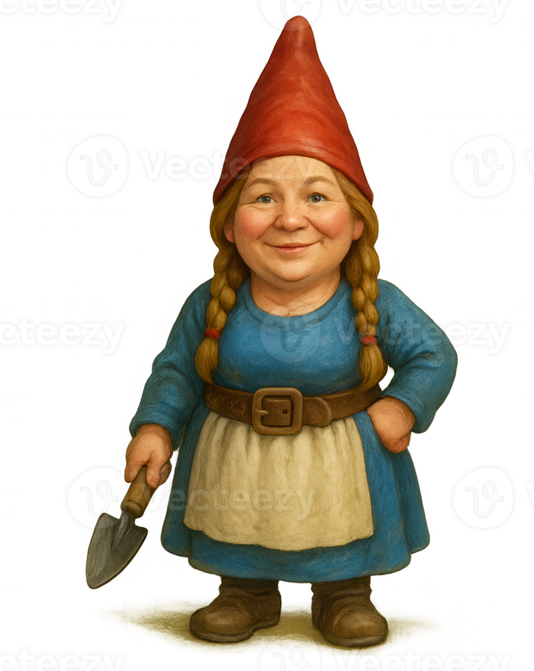 Smiling female garden gnome holding a trowel on transparent background 60302522 PNG
