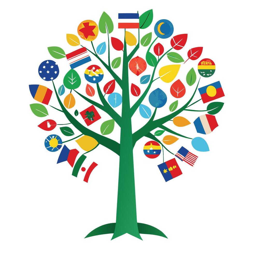 Global tree illustration with international flags as leaves ...