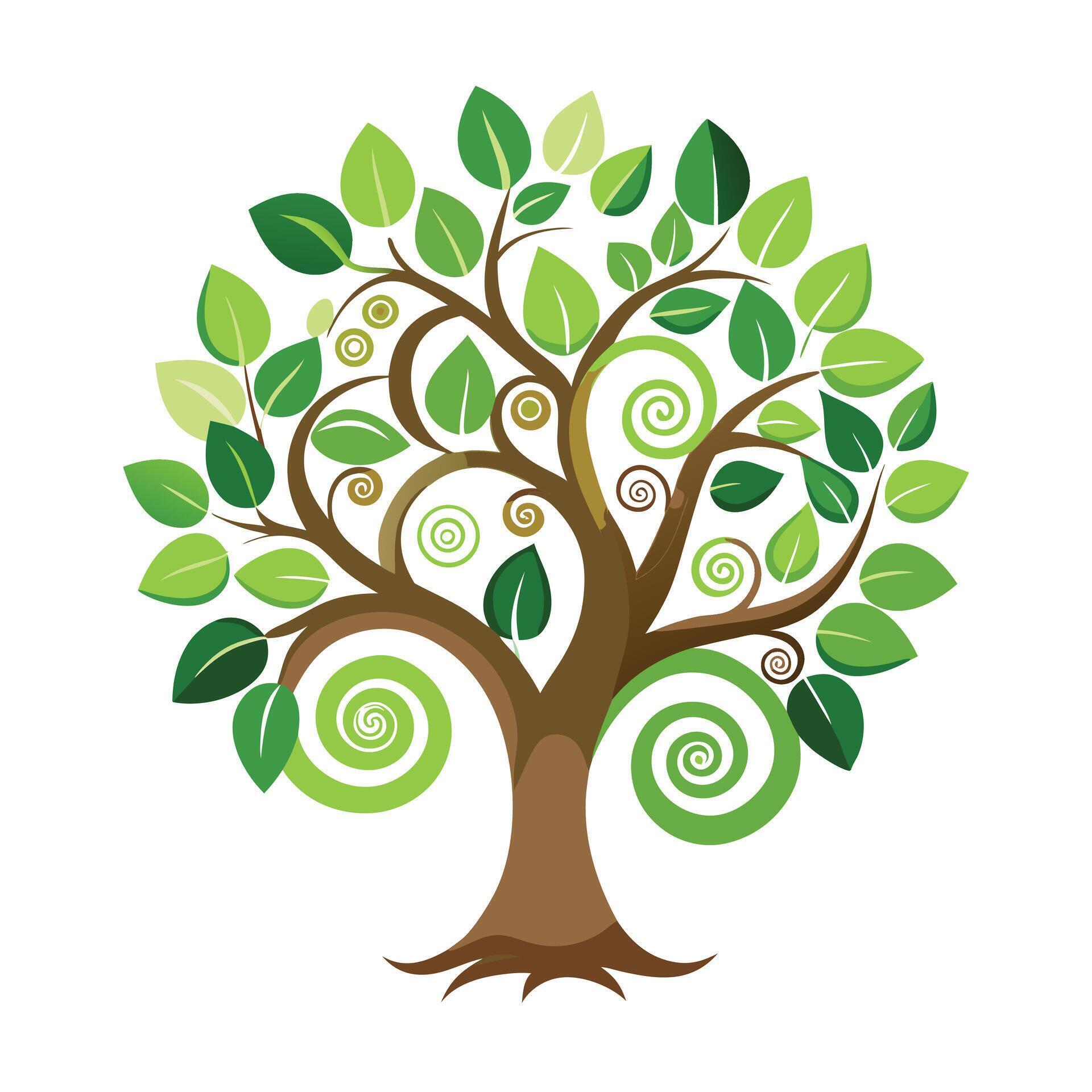 Dynamic tree artwork with lush vine spiral leaves symbolizing natural ...