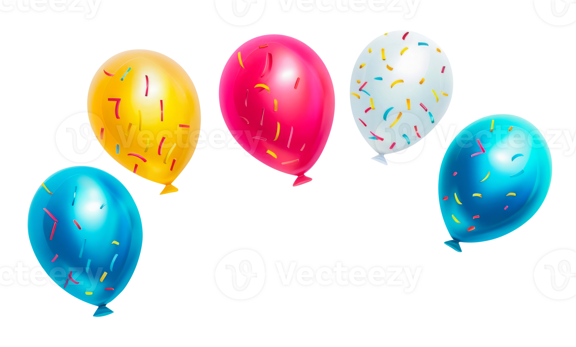 A bunch of balloons with sprinkles on them. There are five balloons in total. The balloons are ...