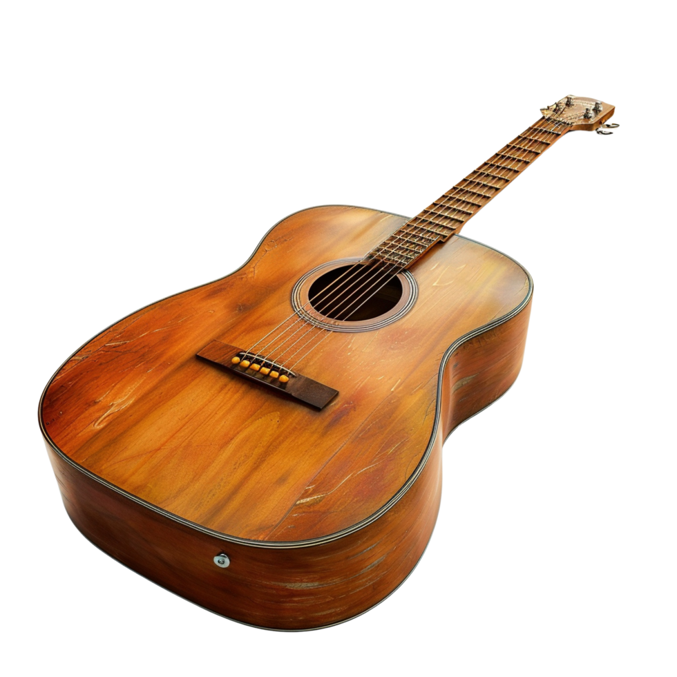 A beautifully crafted acoustic guitar with rich wood tones and curves, Isolated on transparent ...