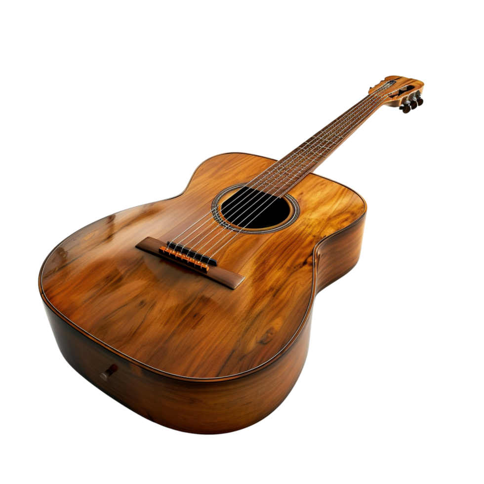 A traditional acoustic guitar with rich wood tones and elegant curves, Isolated on transparent ...
