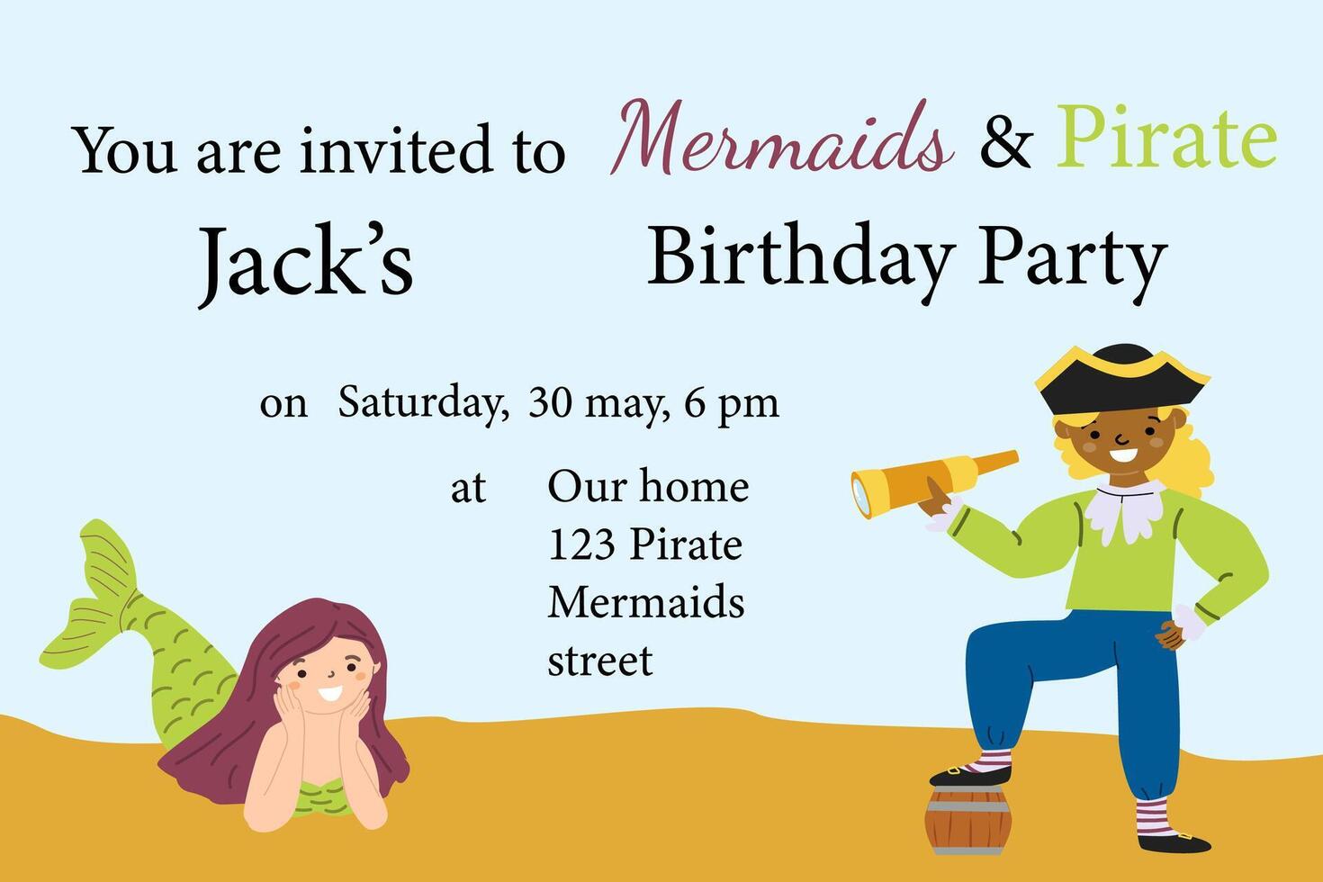 Mermaids and pirates birthday party invitation with young female ...