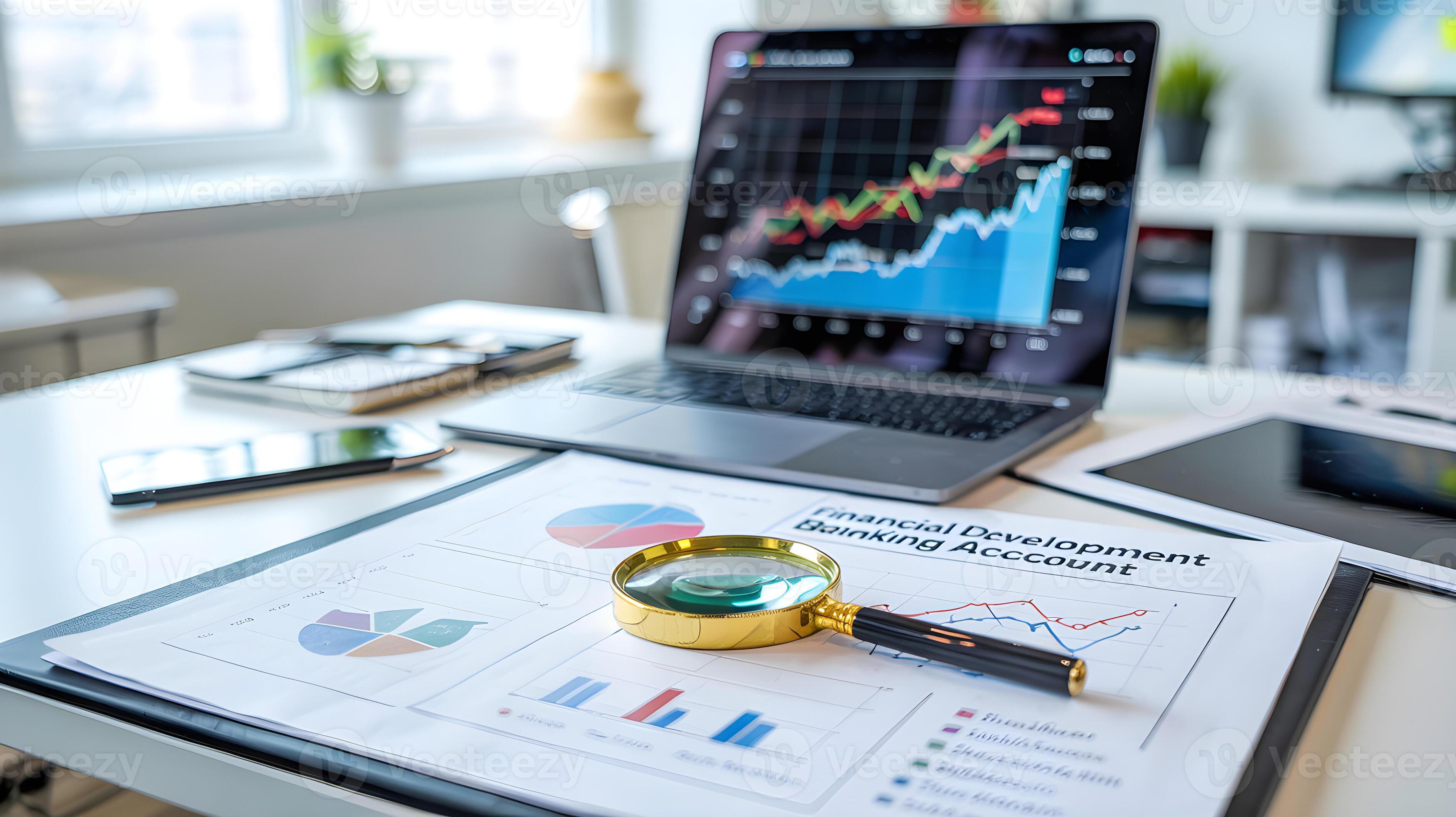 Financial Analyst Examining Charts And Graphs With Magnifying Glass