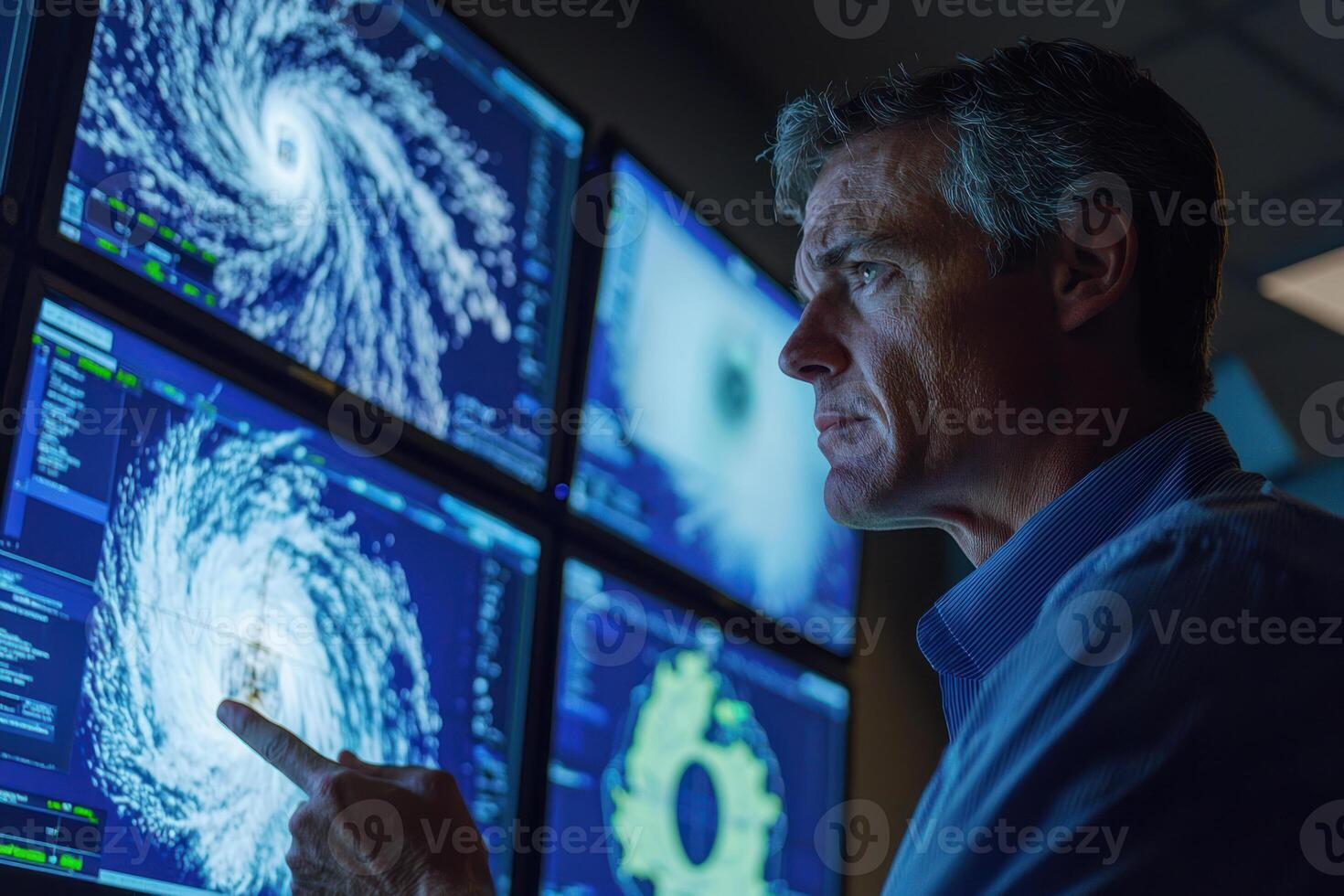 meteorologist analyzes hurricane data on multiple screens, focusing on storm patterns and ...
