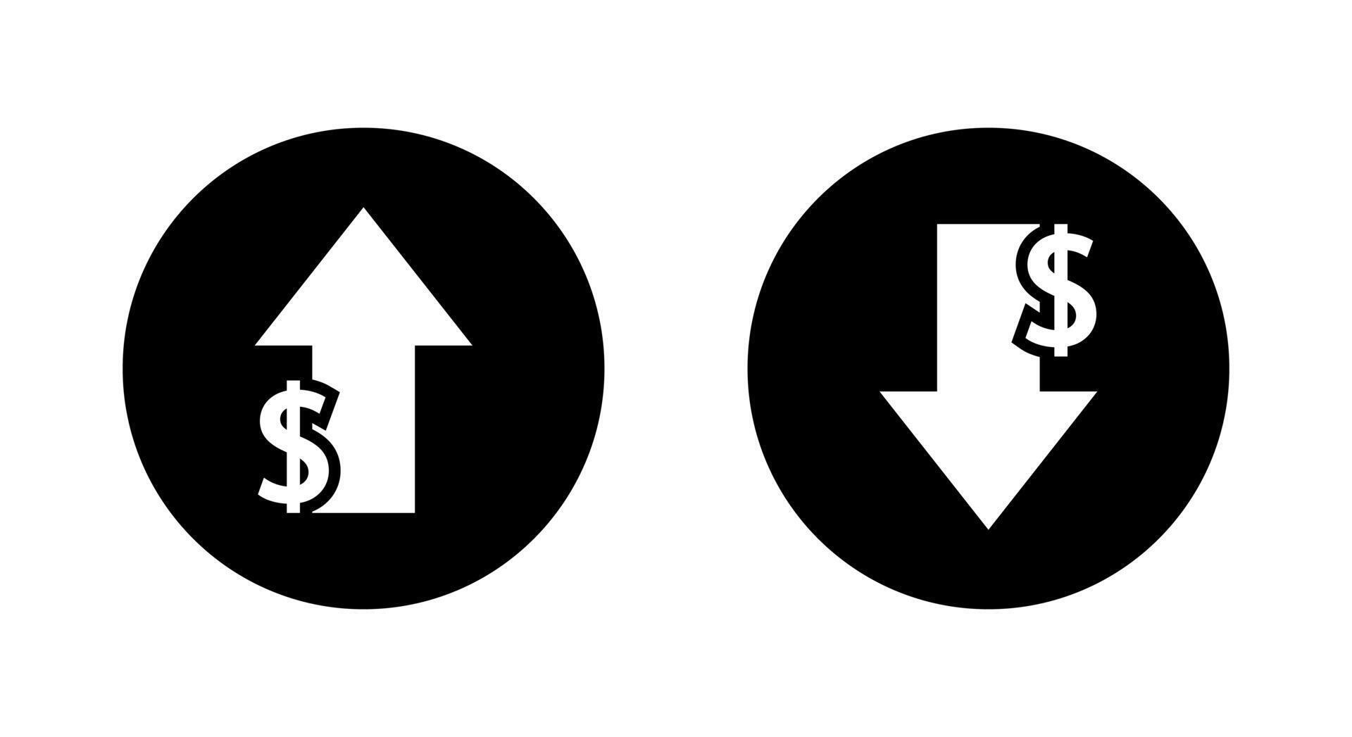 Dollar arrow up and down icon on black circle. USD currency increase and decrease concept ...