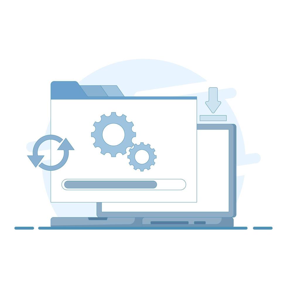 sistema actualizar concepto, ordenador portátil pantalla con engranajes ...