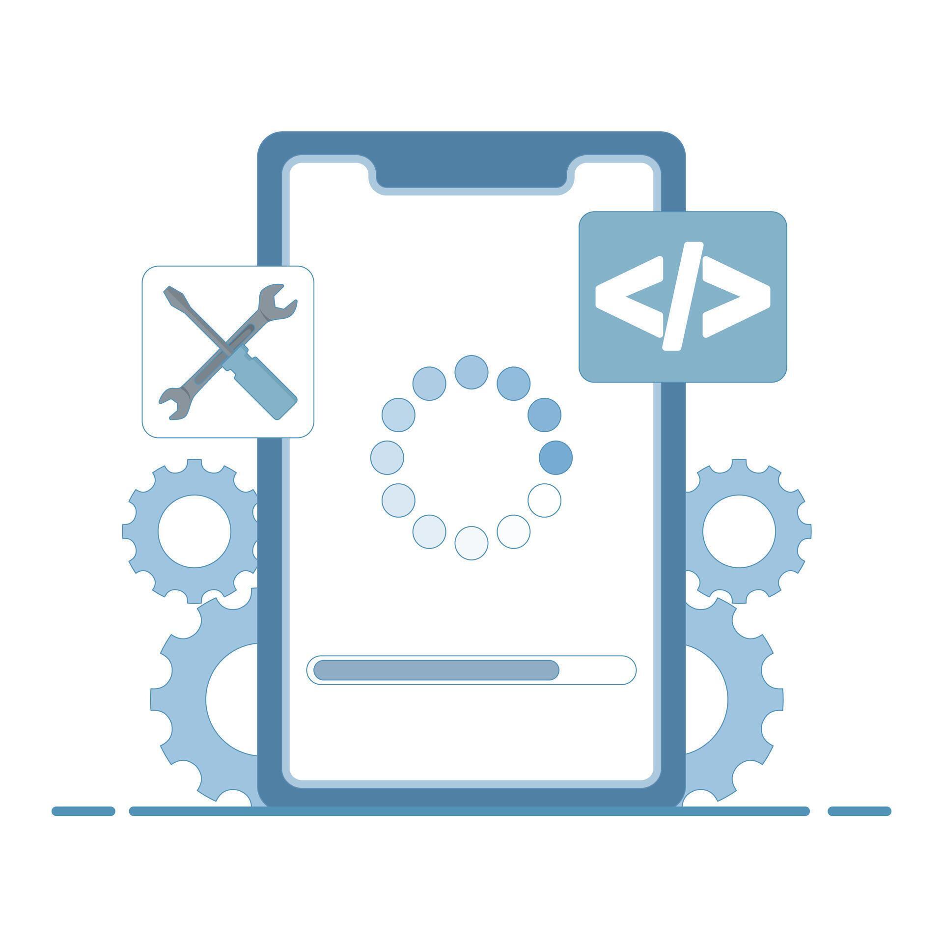 Concept of repair and upgrade process, loading software on smartphone screen, gear button ...