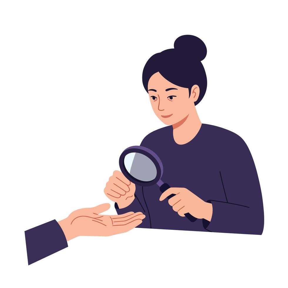 Woman inspecting object with magnifying glass in flat art style 60390995 Vector Art at Vecteezy