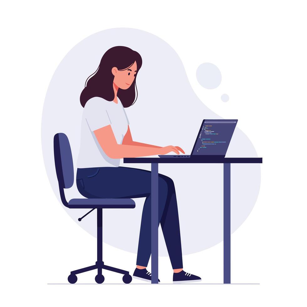 Woman Coding at Desk in Flat Minimal Style Art 60392326 Vector Art at ...