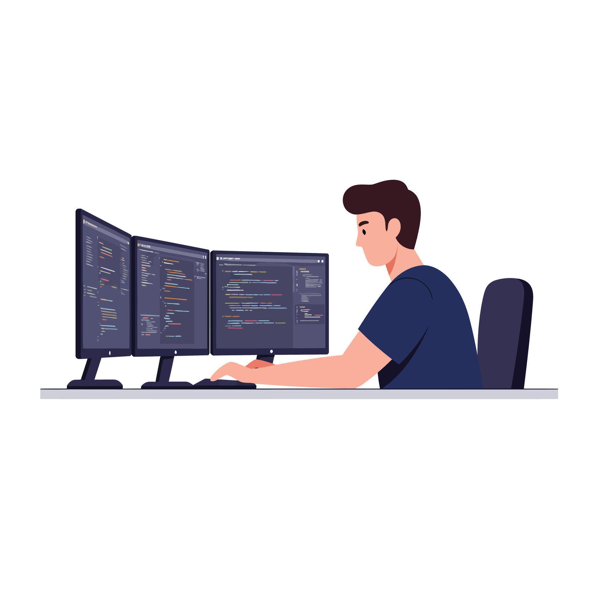 Young man coding at computer desk in flat art style, modern workspace ...