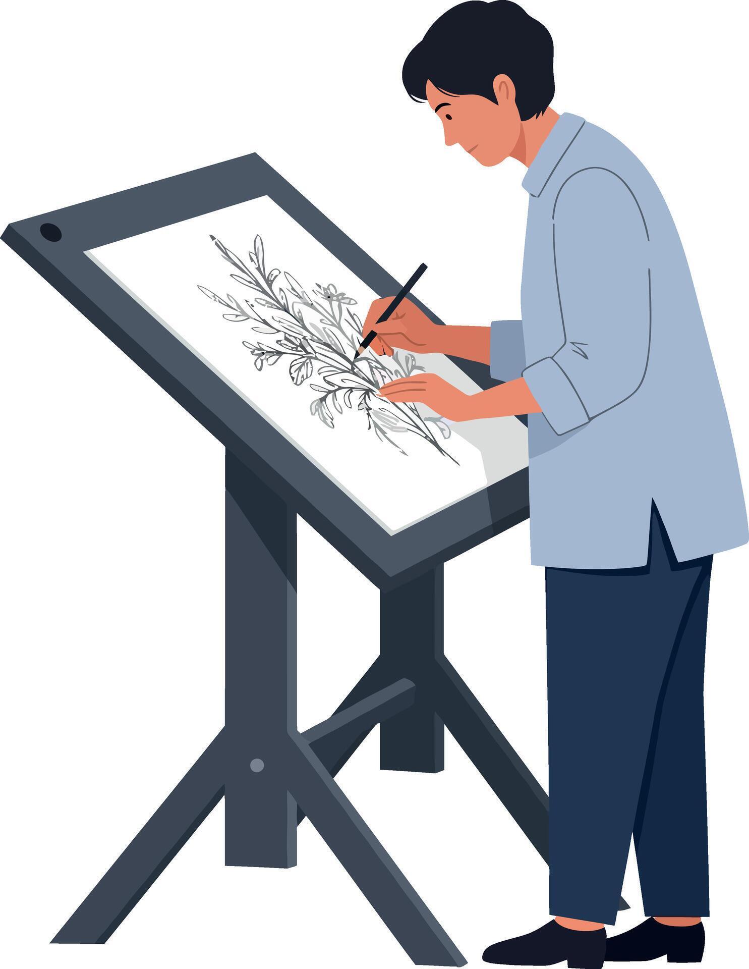 A young artist sketching intricate floral designs on a drawing board in ...