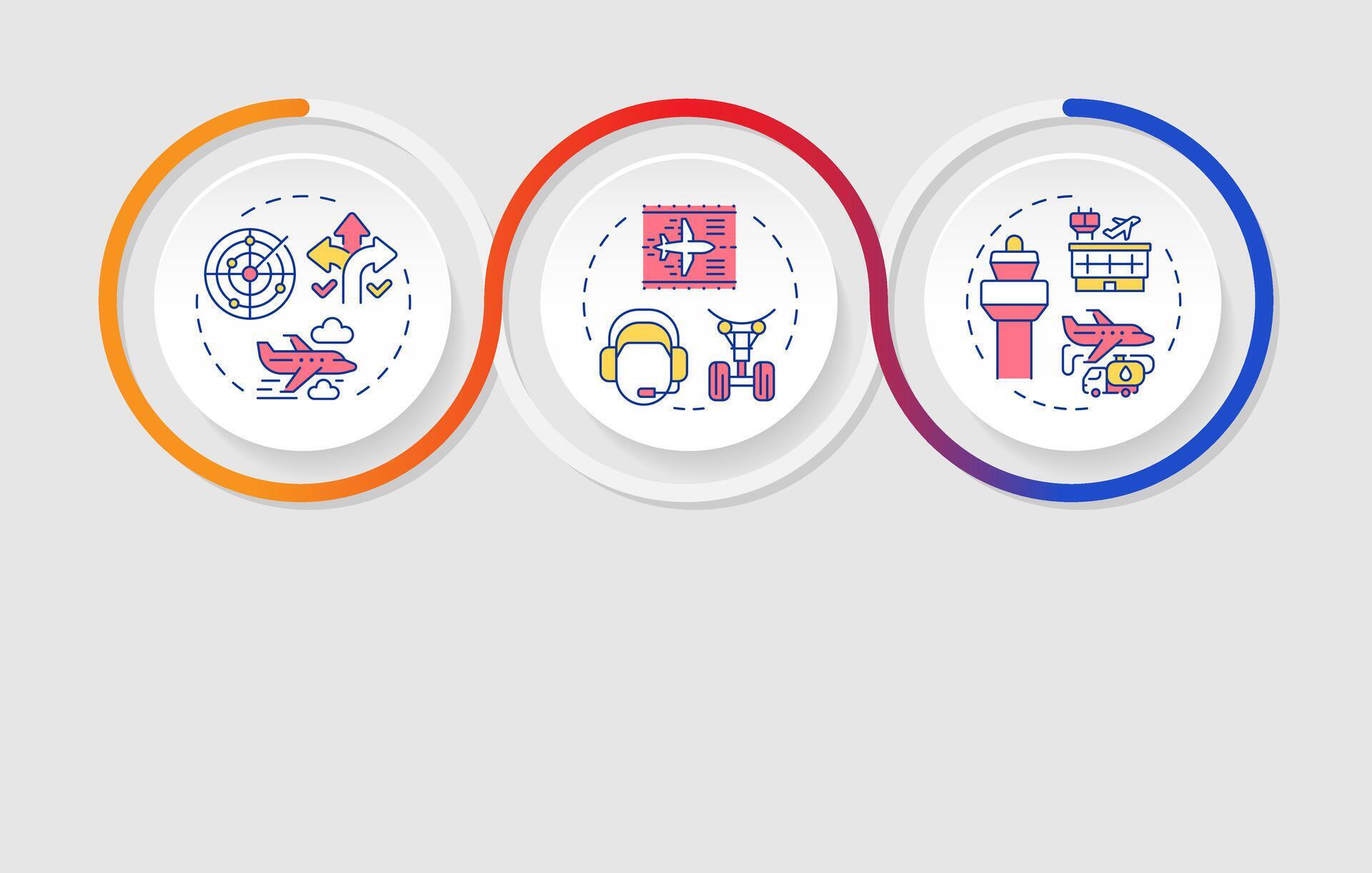 Flight management services infographics circles sequence. Aircraft ...