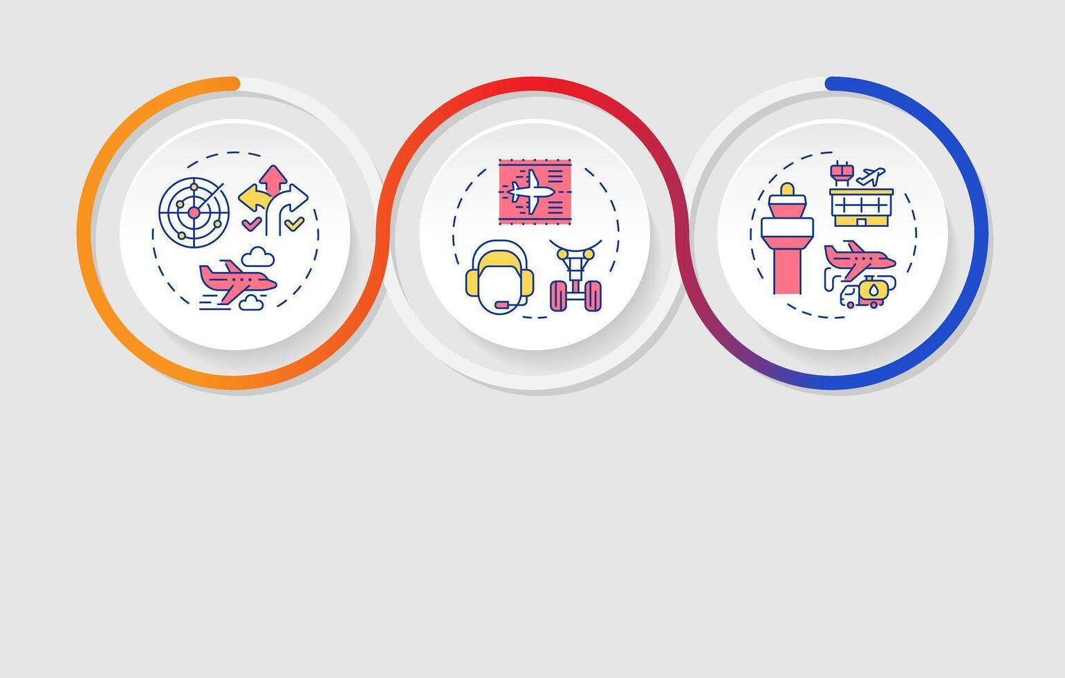 Flight management services infographics circles sequence. Aircraft ...