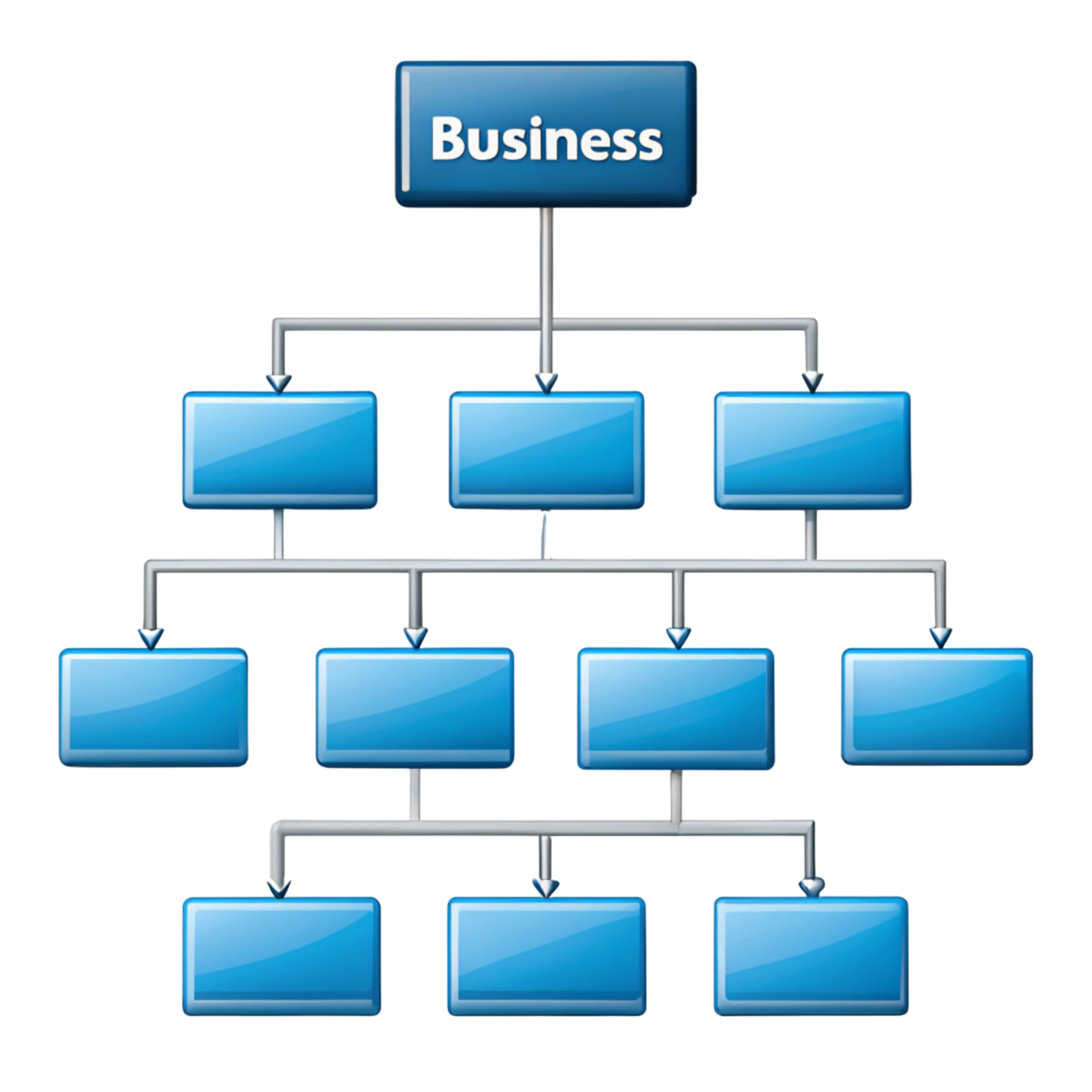 Hierarchical business organizational chart with blue rectangles and ...