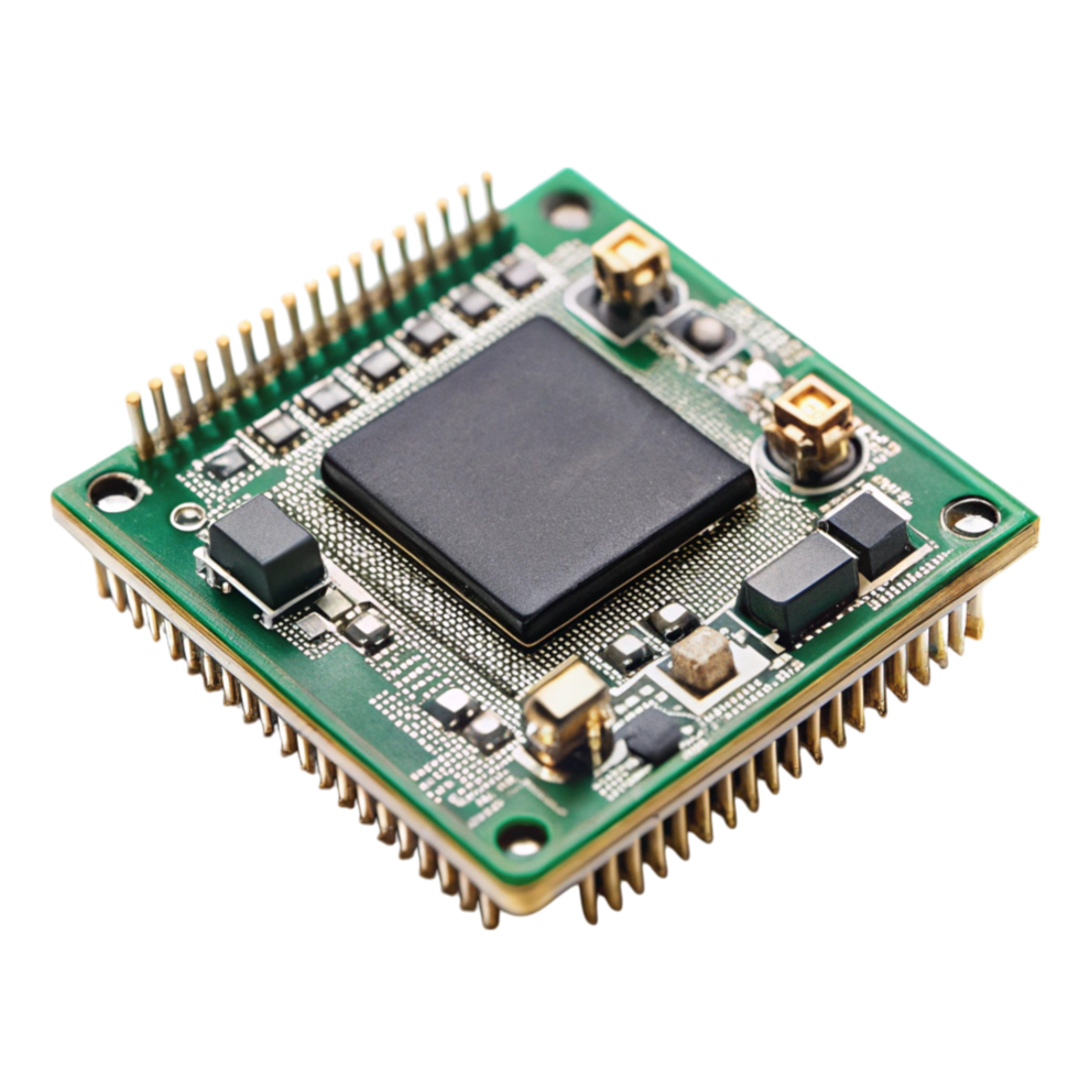 Detailed microcontroller board design with exposed components, isolated ...